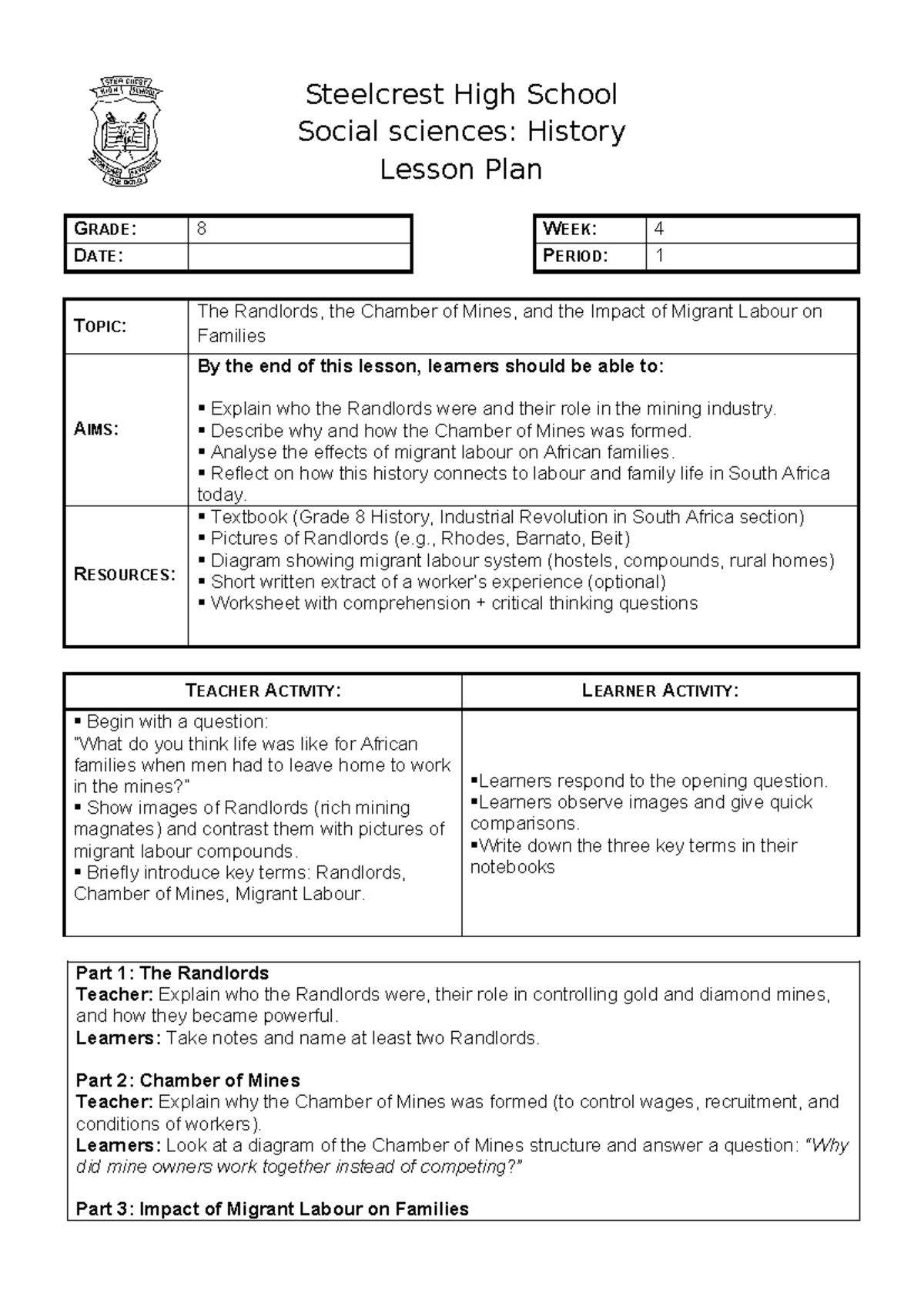 Grade 8 History Lesson Plan: The Randlords & Migrant Labour Impact ...