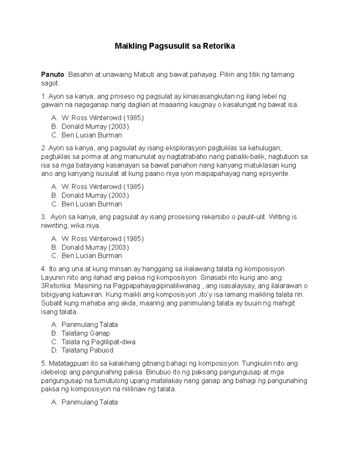 Maikling Pagsusulit sa Retorika (Multiple Choice), FIL101 - Studocu