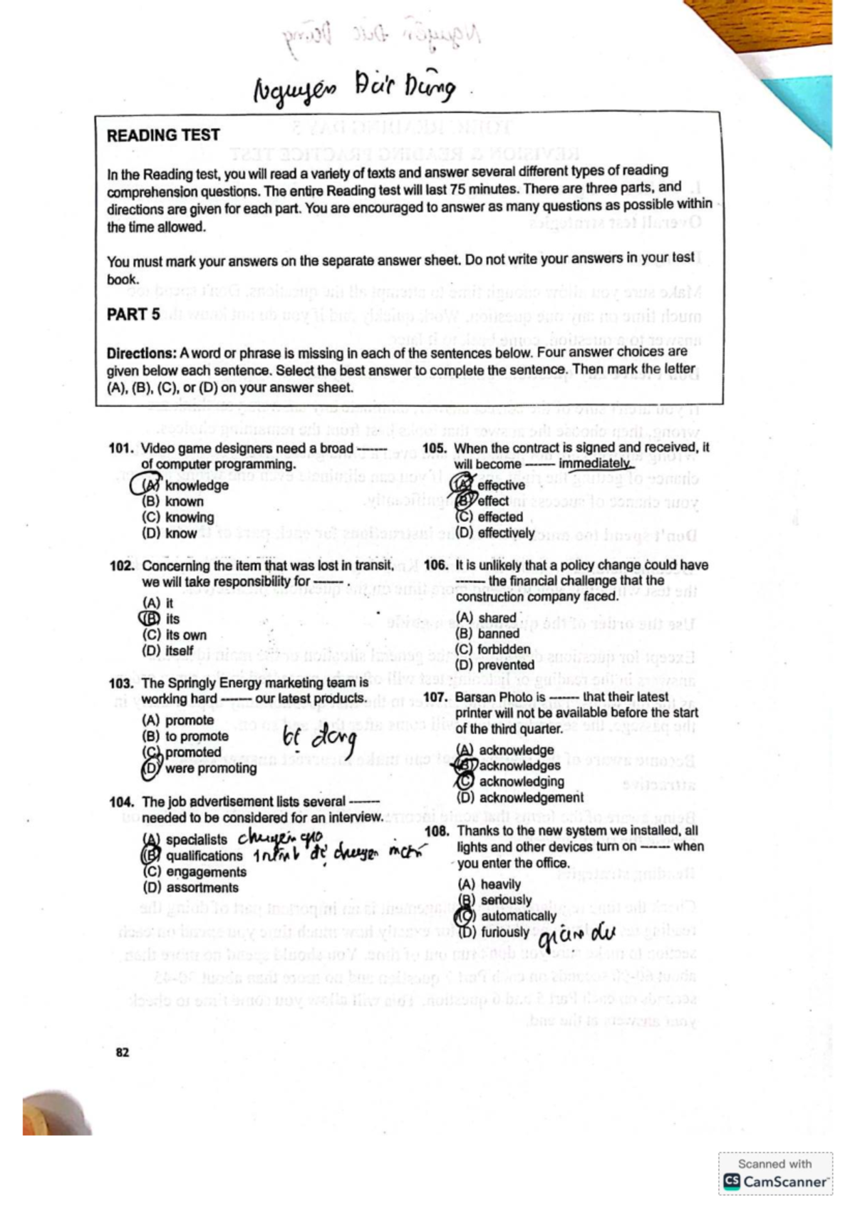 Nguyen Dair Dung READING TEST: Comprehension Questions & Answers - Studocu