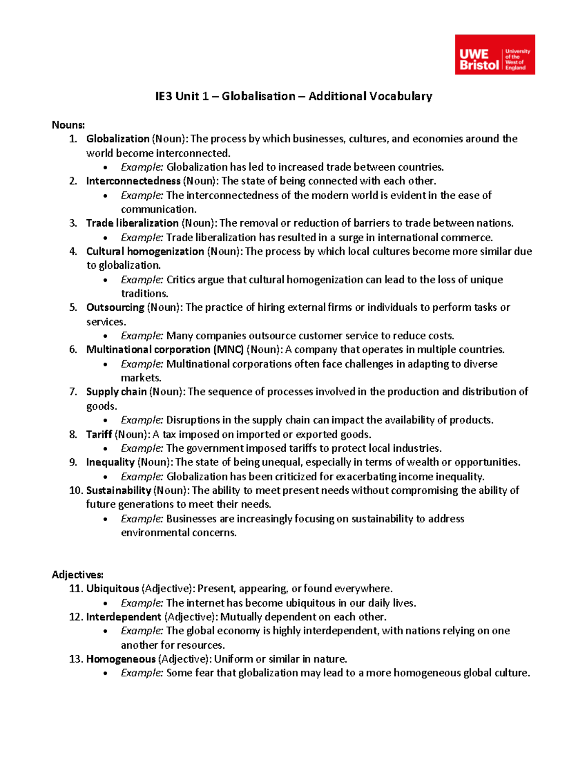 IE3 Unit 1 - Globalisation - Useful Vocabulary - IE3 Unit 1 ...