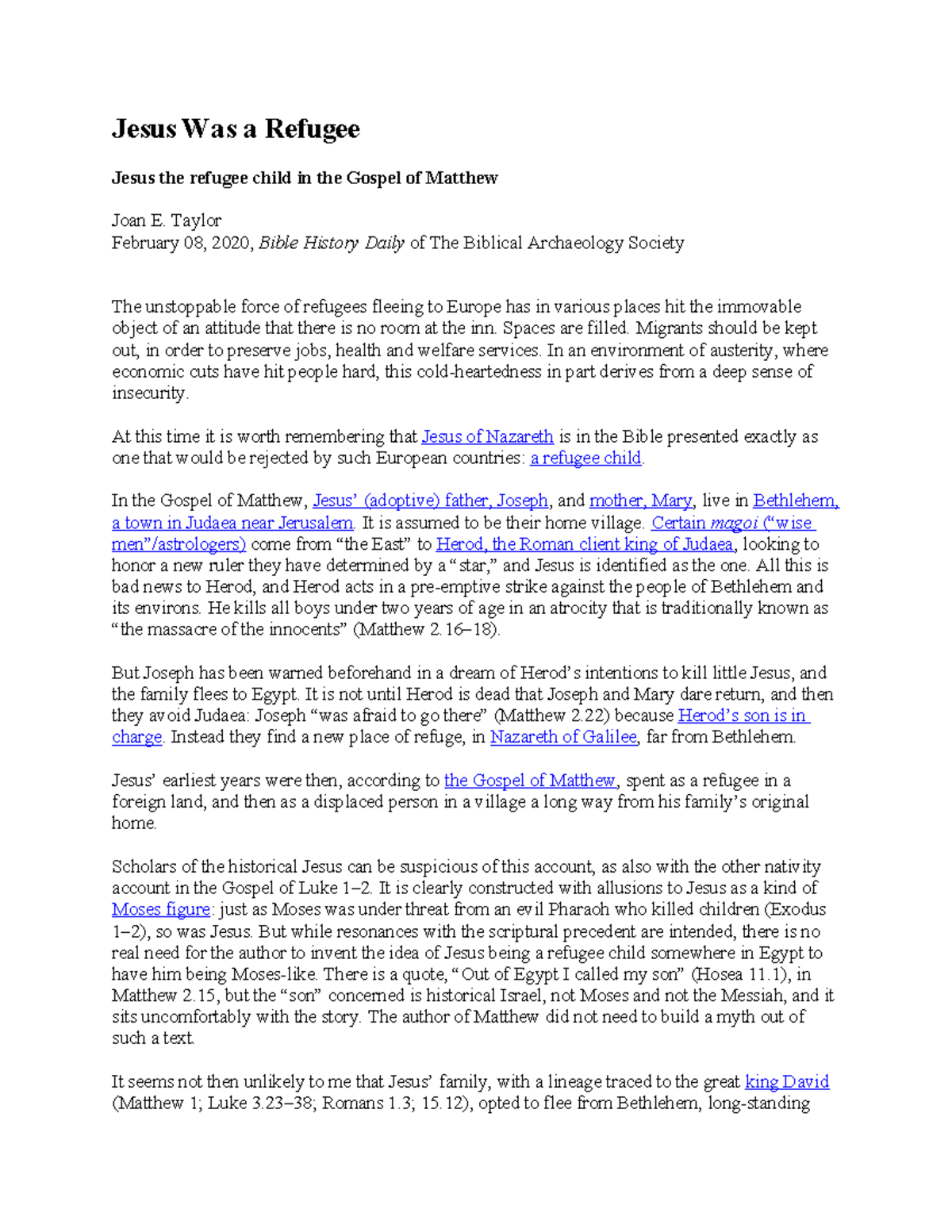 Jesus as a Refugee Child: Insights from the Gospel of Matthew - Studocu