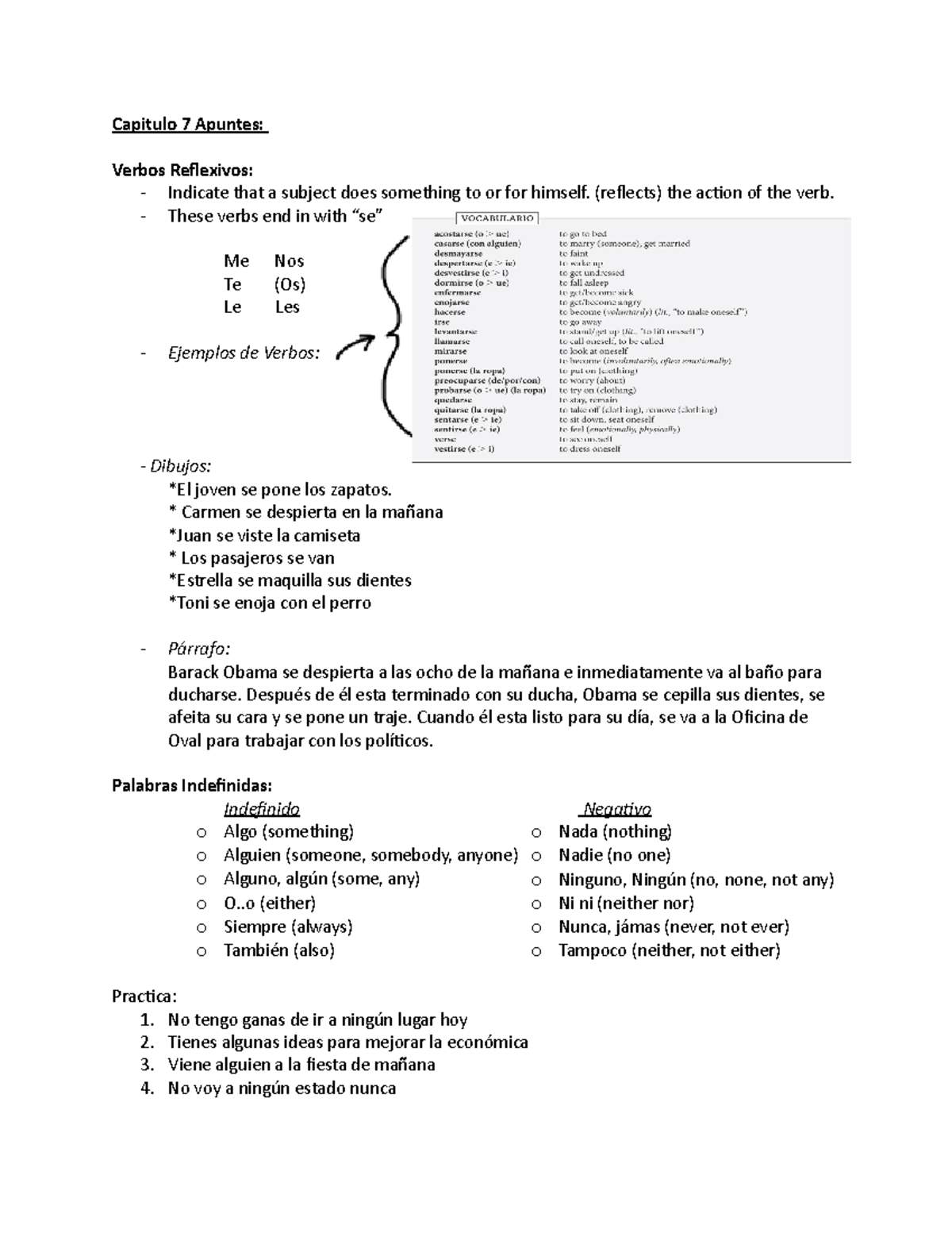 Capítulo 7 - Reflexive Verbs, Preterite, and Indefinite Notes - Studocu