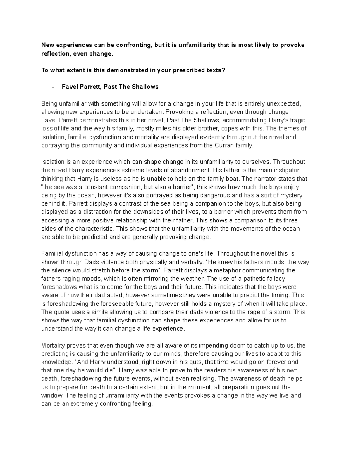 English Essays - Common Module: Past The Shallows Analysis - Studocu