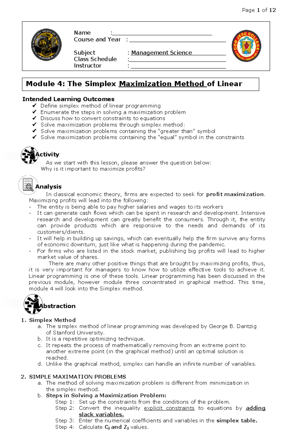 Management Science (MGT101): Module 4 - Simplex Method for Maximization - Studocu