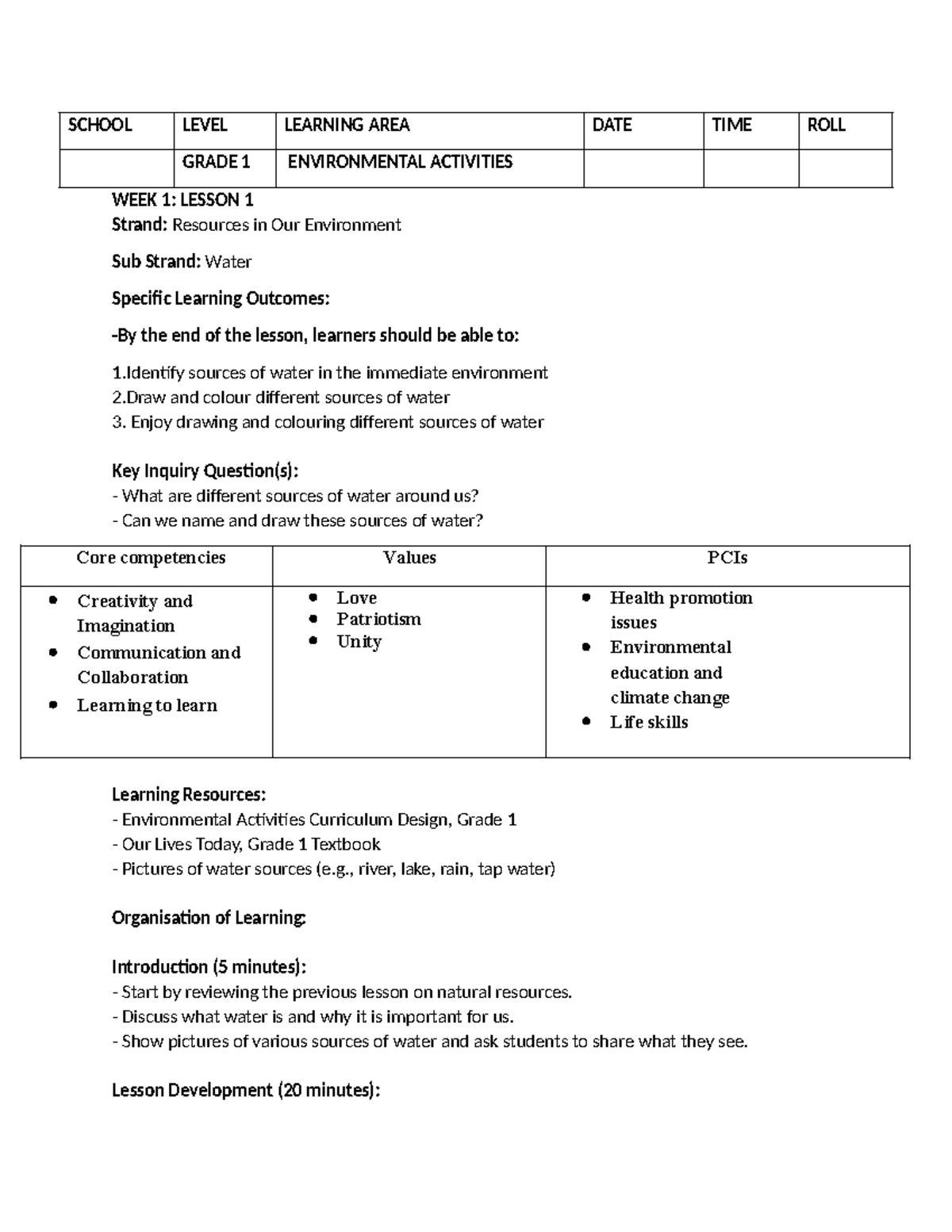Grade 1 ENVIRONMENTAL ACTIVITIES: TERM 3 Lesson Plans on Water Sources ...