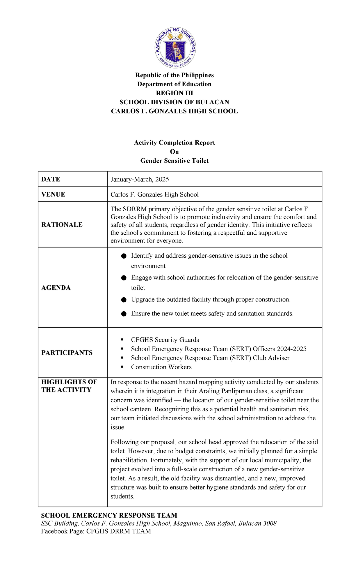 Gender Sensitive Toilet Activity Completion Report (CFGHS ACR) - Studocu