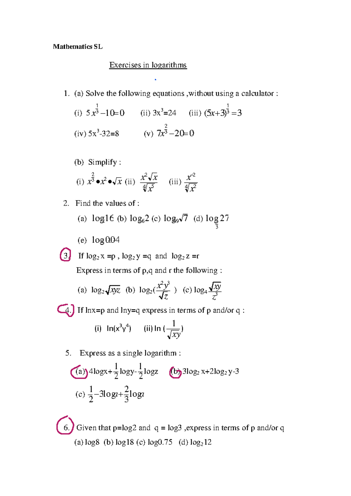 Mathematics SL Logarithms Homework Set Exercises - Studocu