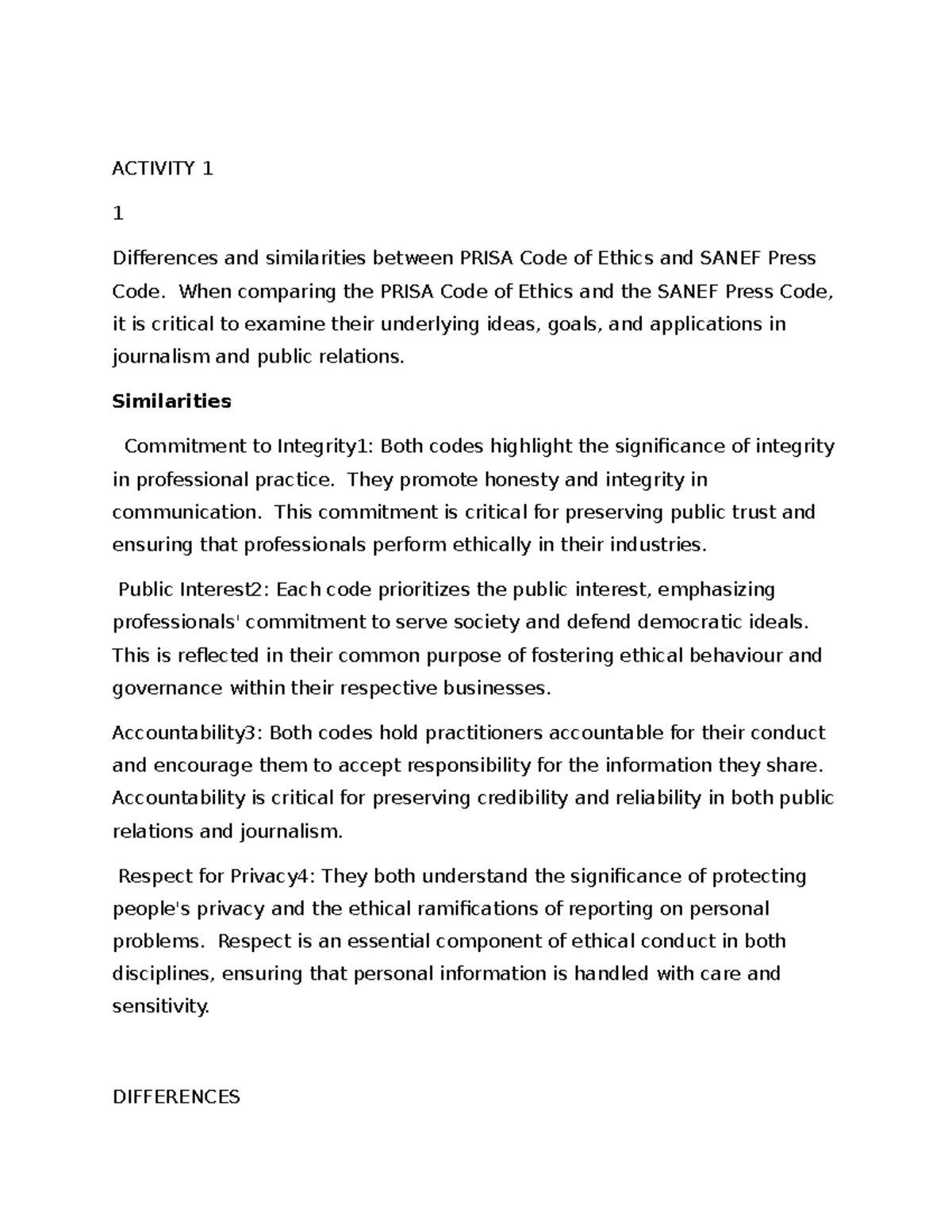 ACTIVITY 1: Comparing PRISA Code of Ethics & SANEF Press Code - Studocu