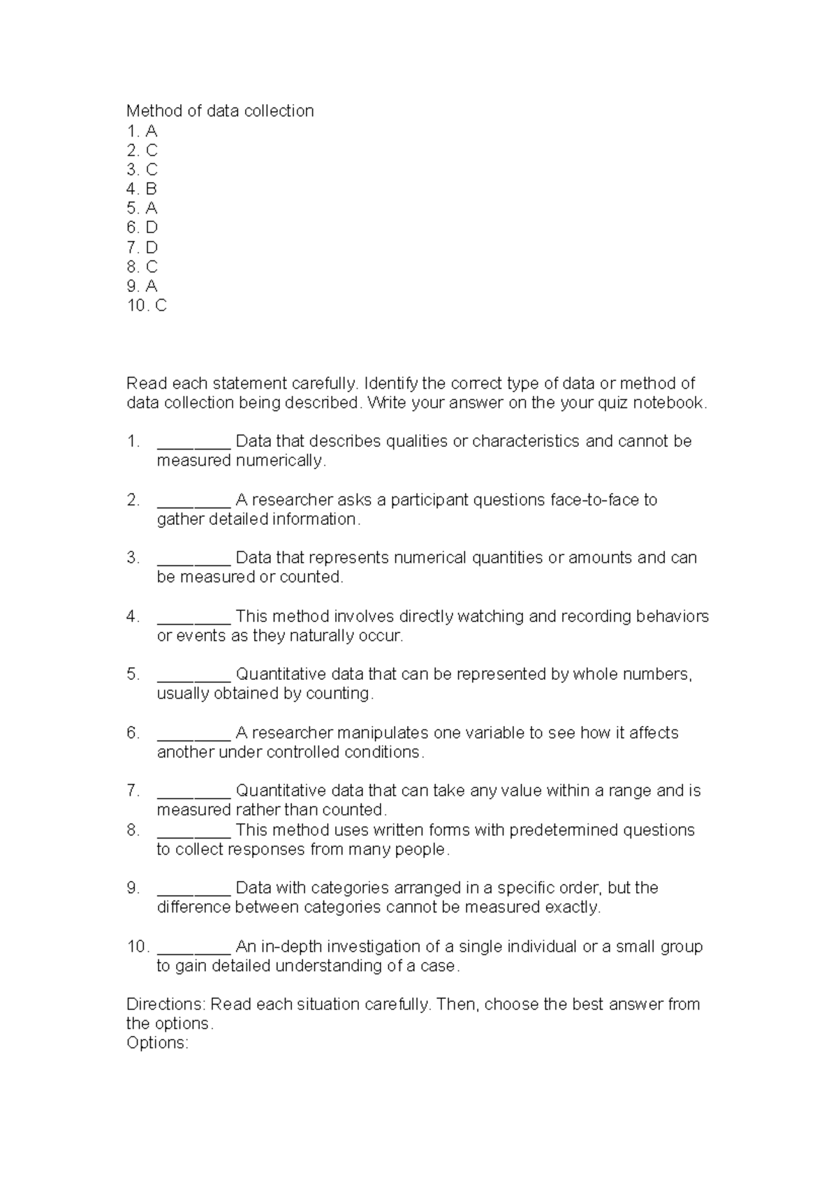 Long Quiz No. 1: Methods of Data Collection and Analysis - Studocu