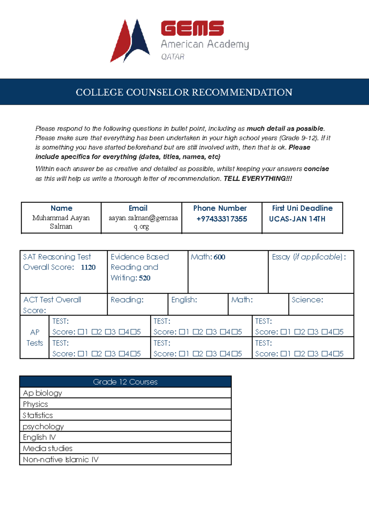 COLLEGE COUNSELOR RECOMMENDATION BRAG SHEET - Studocu