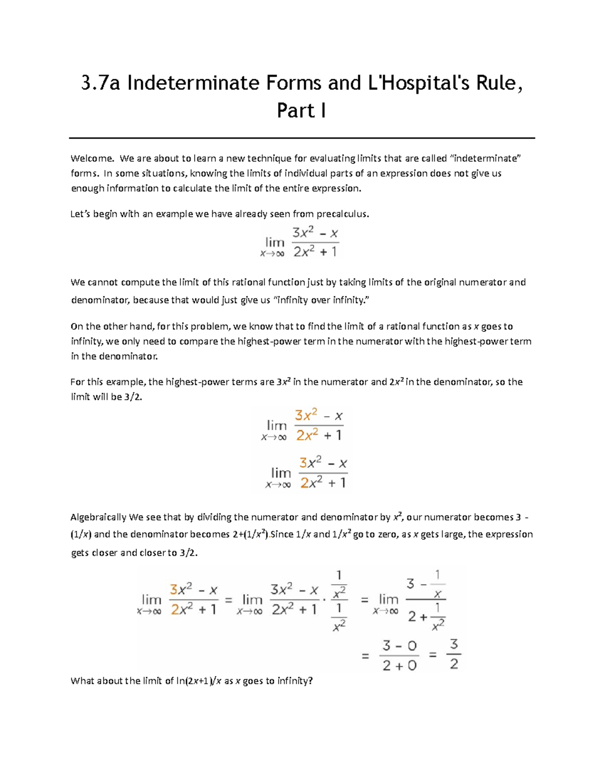 3.7a Indeterminate Forms and L Hospital s Rule, Part I - 3 ...
