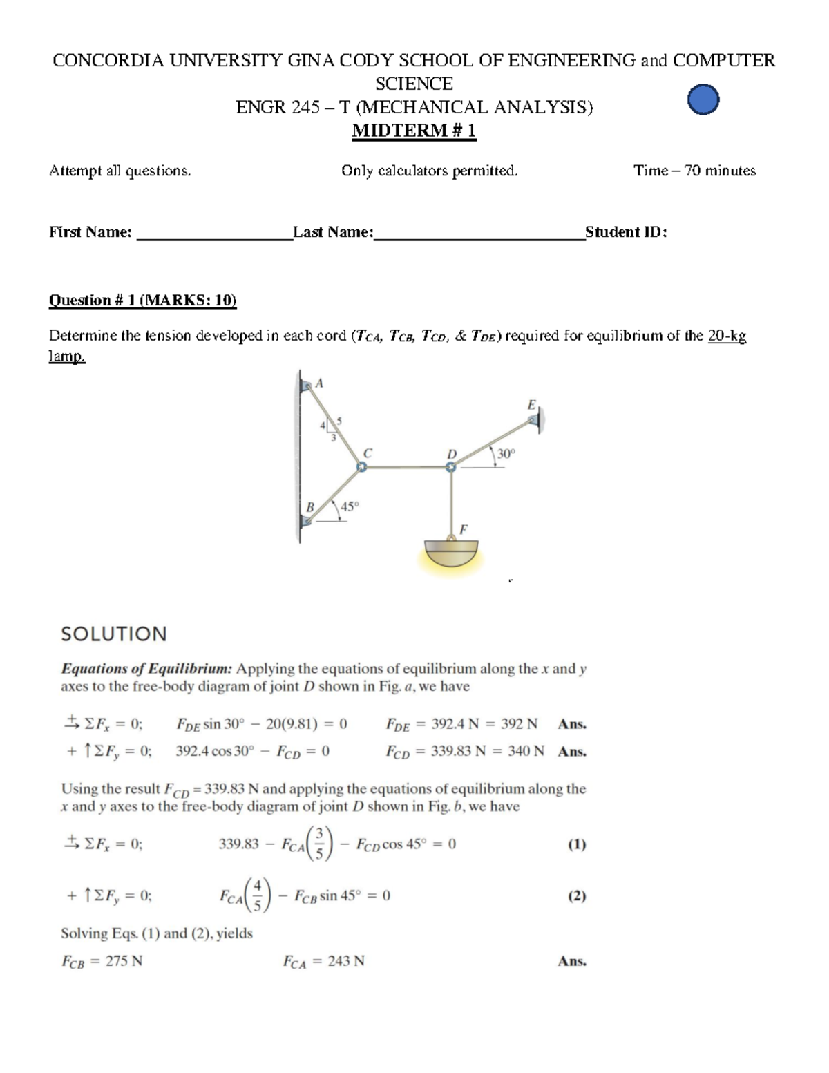 ENGR 245 W2025 Midterm 1 Solutions & Analysis for Mechanical Systems - Studocu