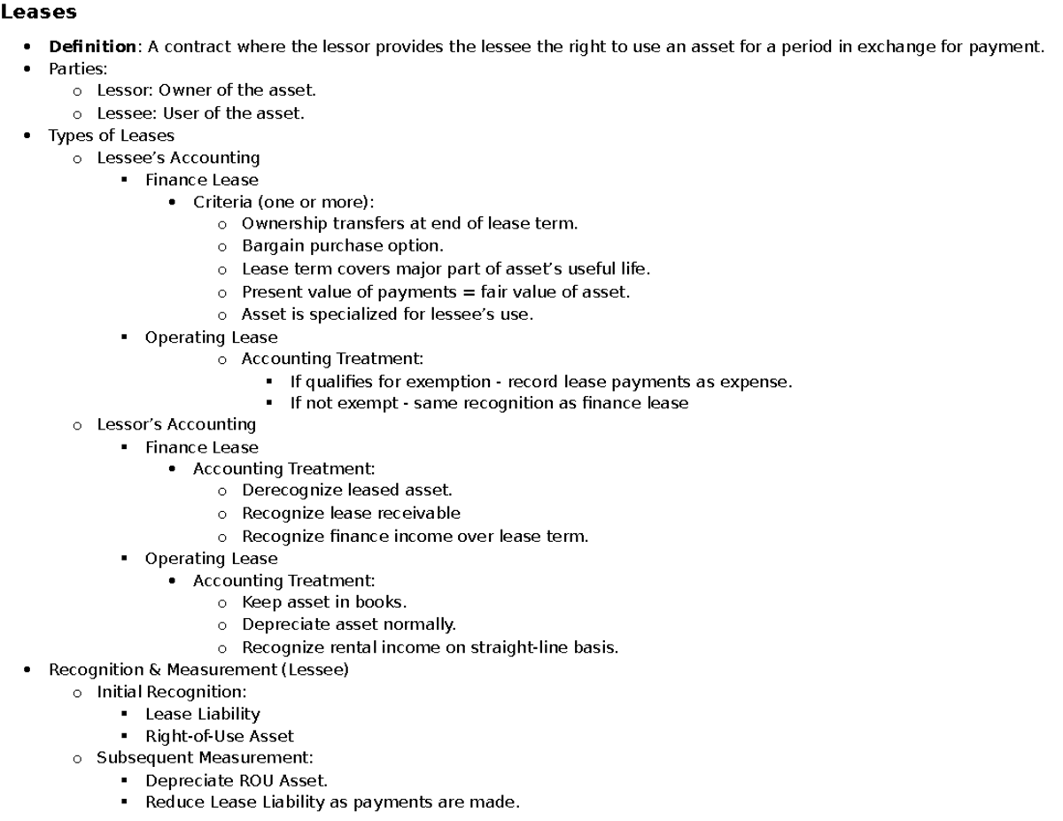 Lecture Notes on Leases: Definitions, Types, and Accounting Treatment ...