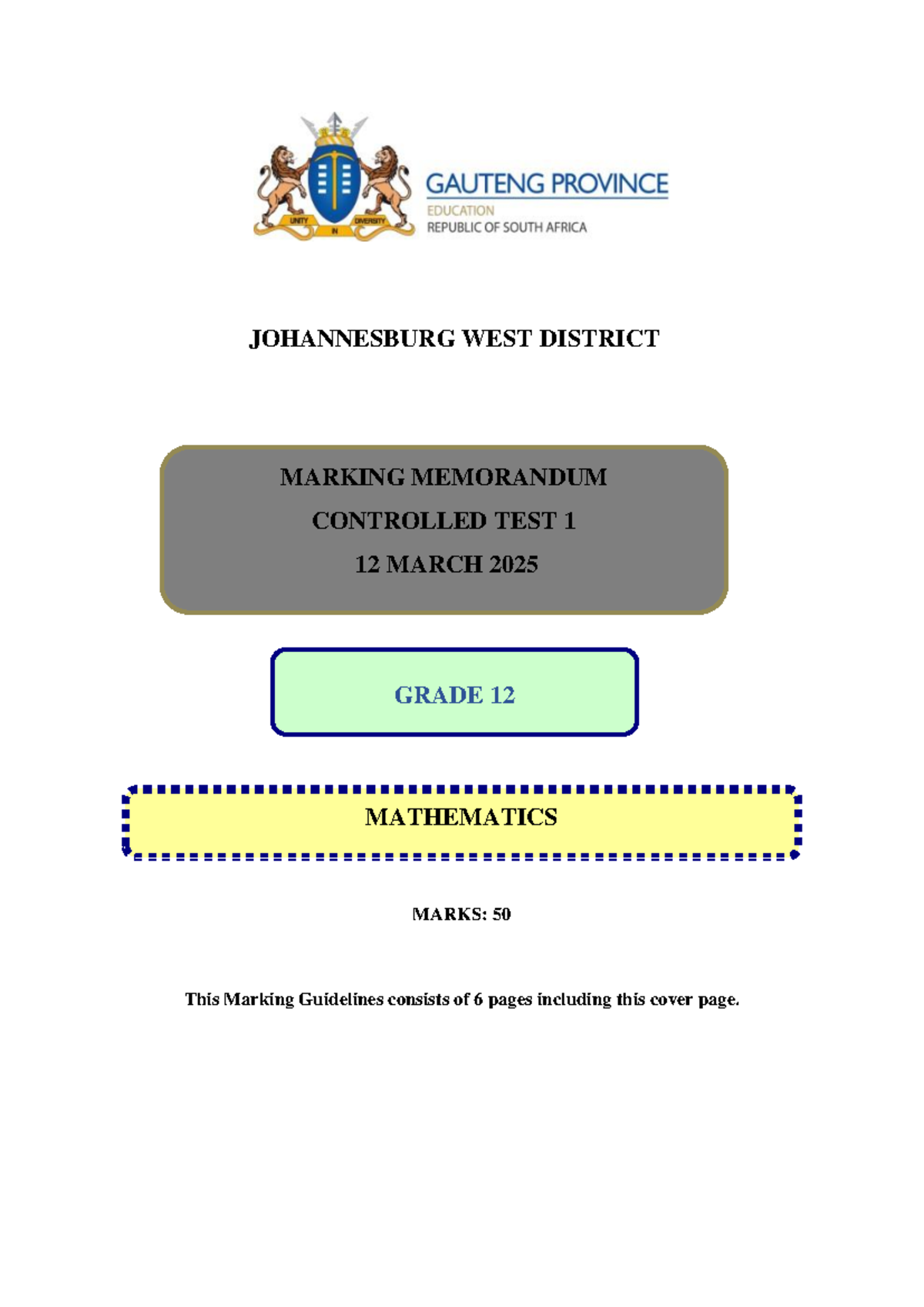 MEMO JW MATH Grade 12 TERM 1 TEST 2025 Final Marking Guidelines - Studocu