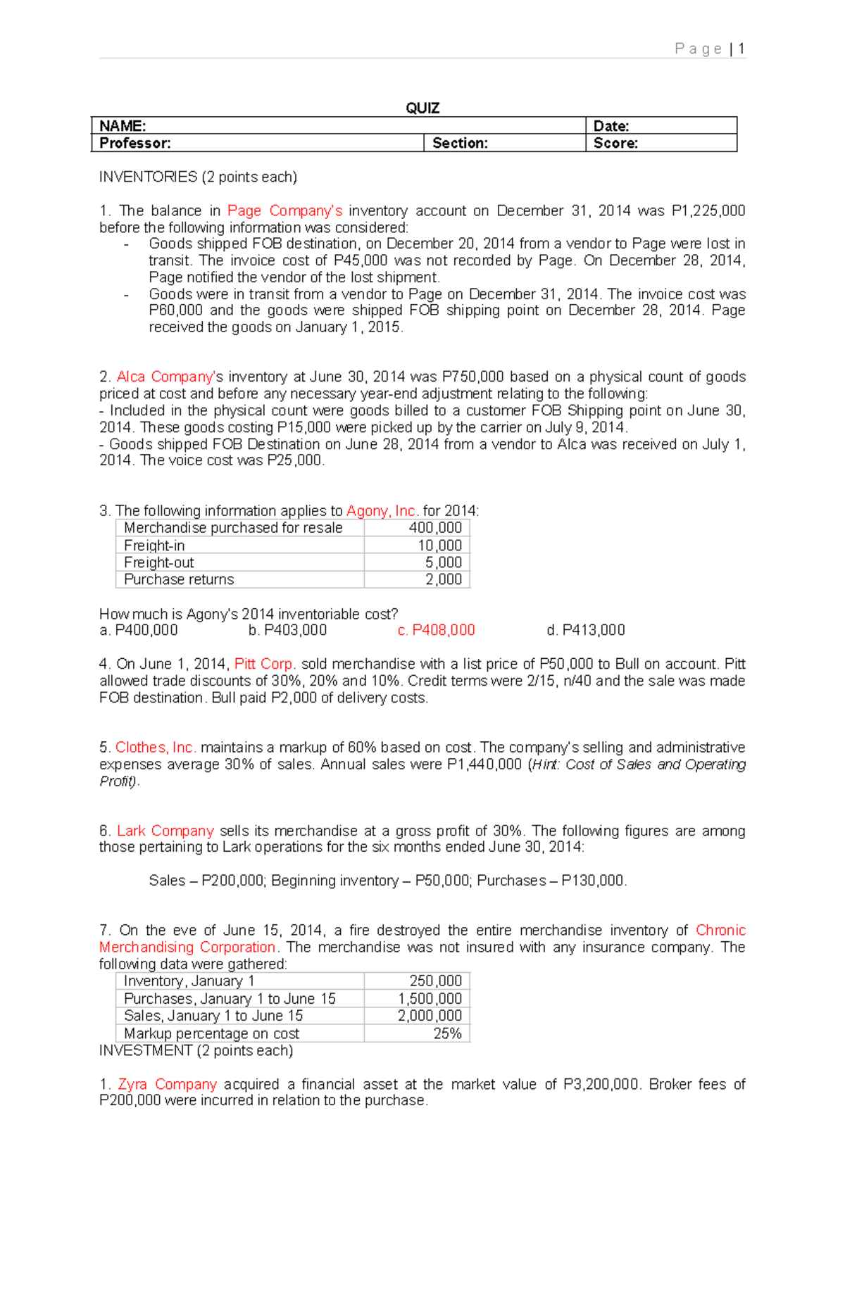 Midterm Exam Reference: Inventory & Investment Concepts - Studocu