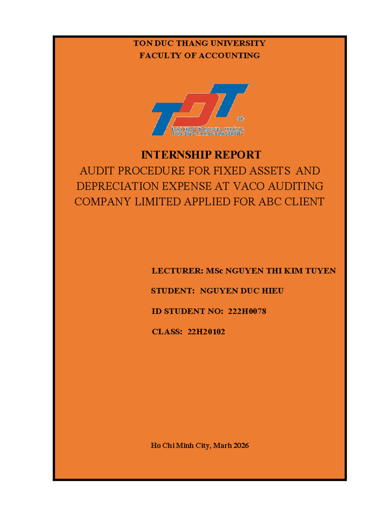 Internship Report: Audit Procedures for Fixed Assets at VACO (22H20102 ...