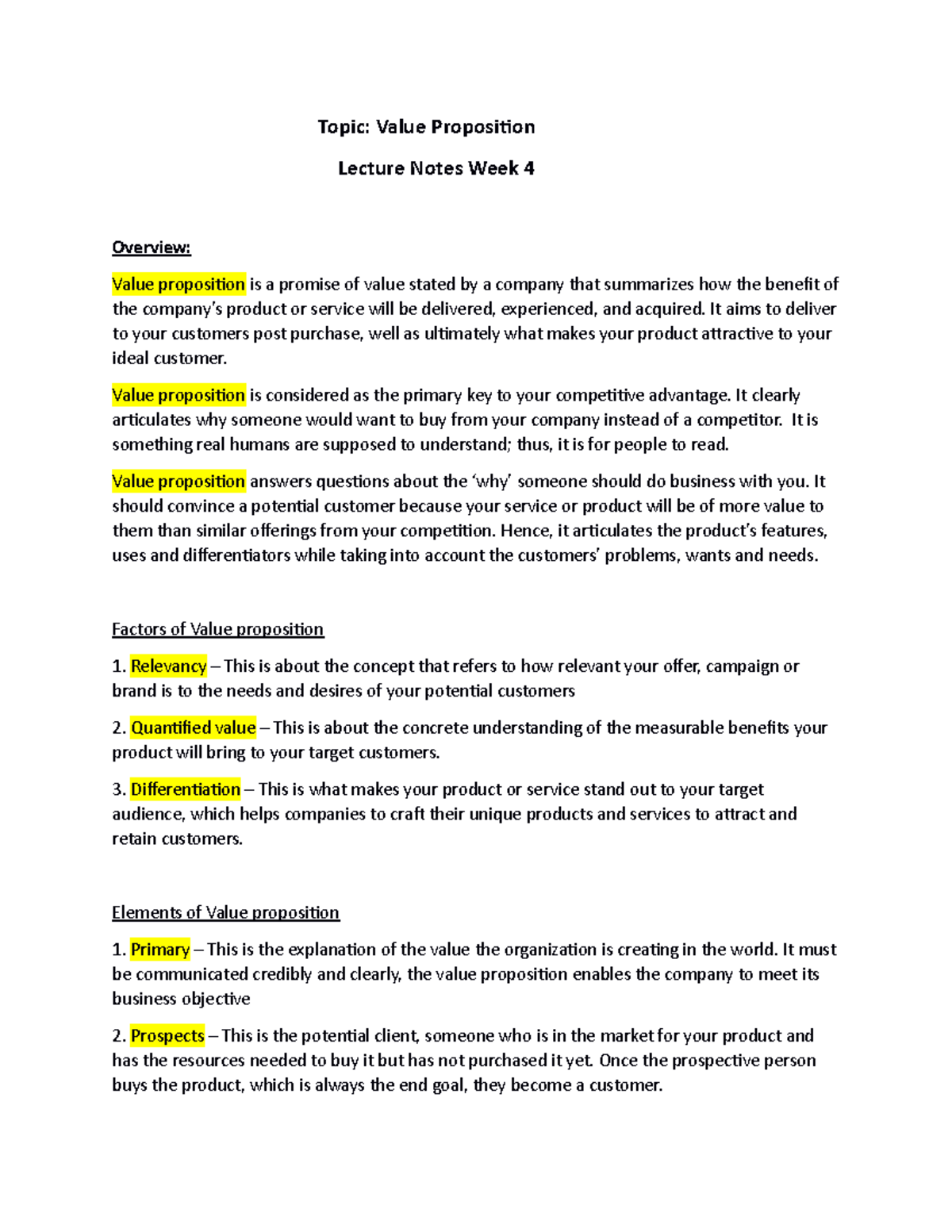 Value Proposition Insights - Lecture Notes Week 4 (MKT 201) - Studocu