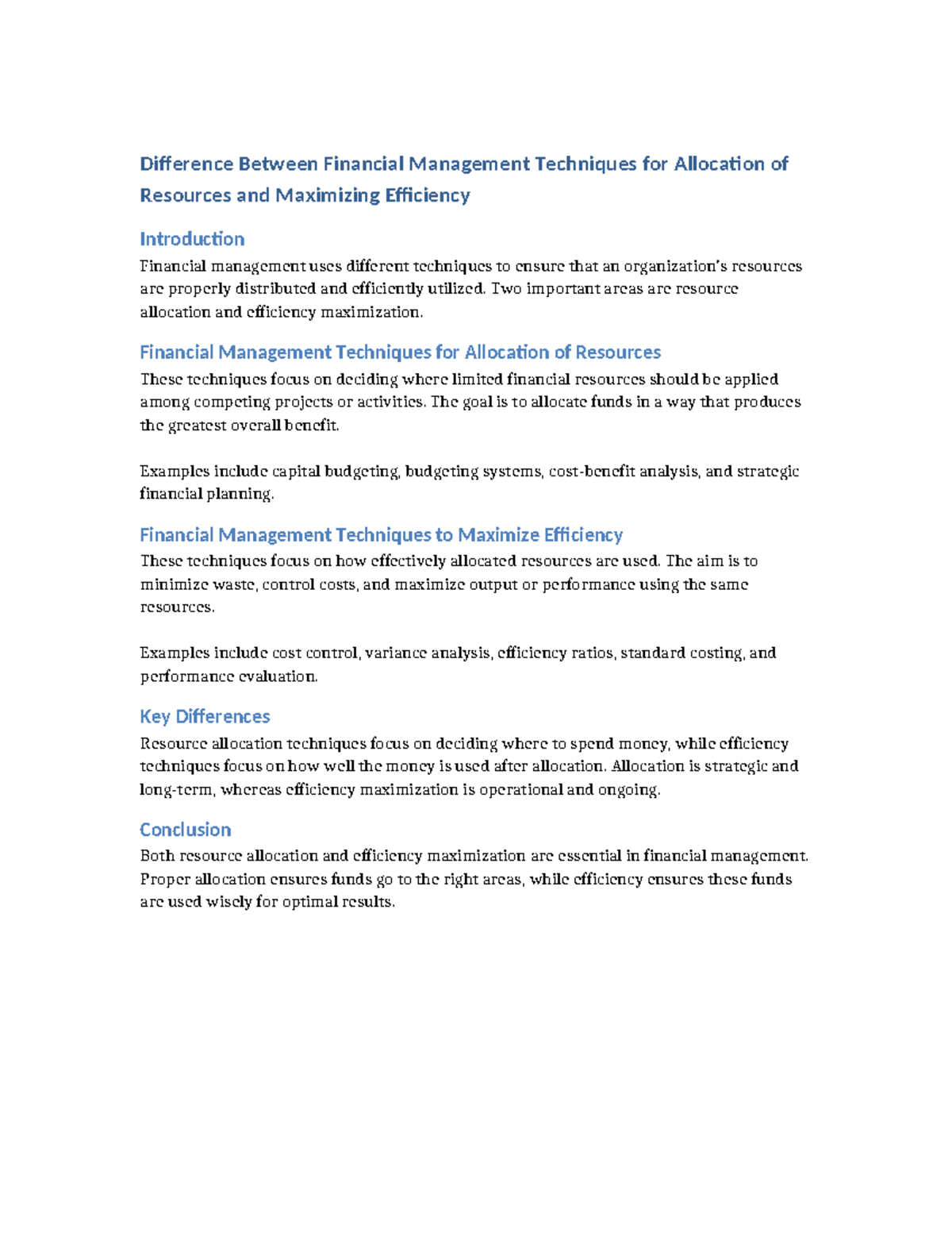 Financial Management Techniques: Resource Allocation vs Efficiency ...