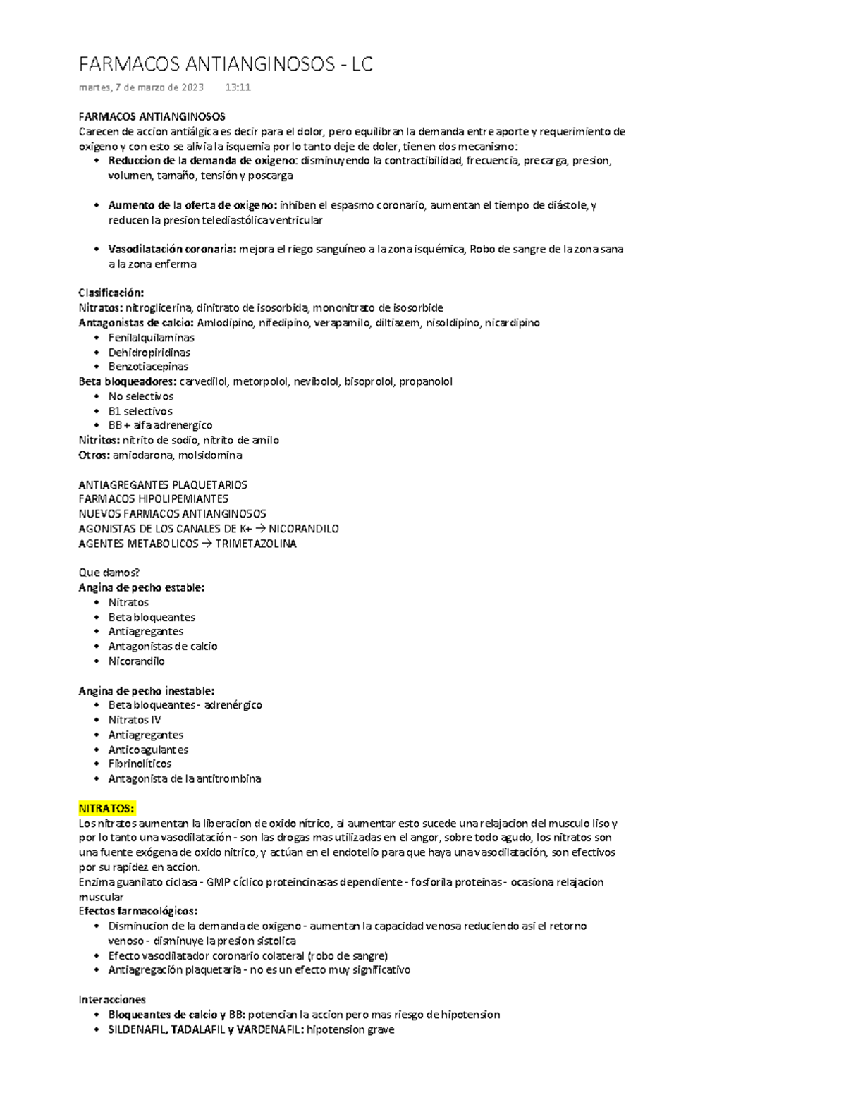Antianginosos - Resumen - FARMACOS ANTIANGINOSOS Carecen de accion ...
