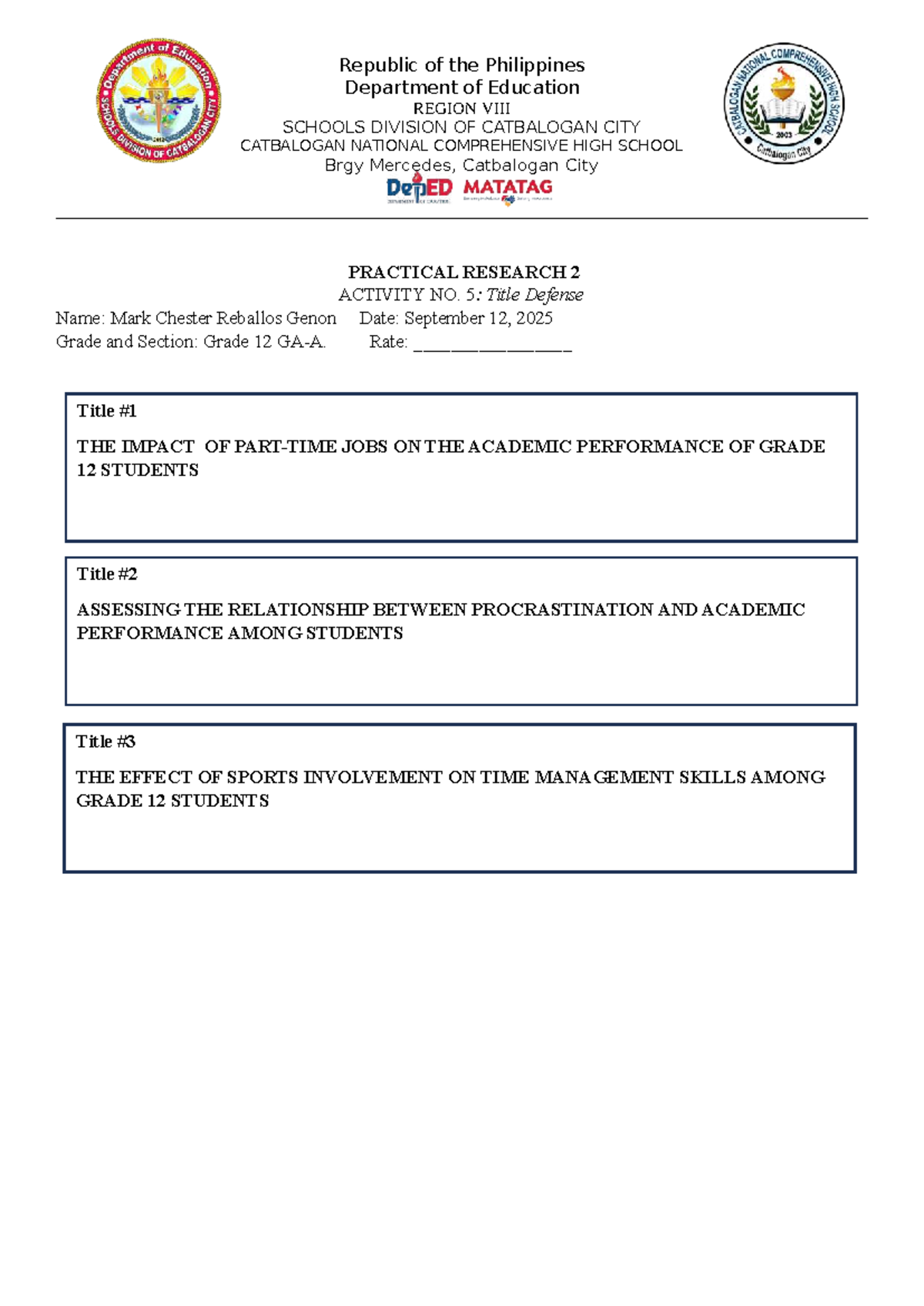 Grade 12 Practical Research 2: Title Defense on Academic Performance ...