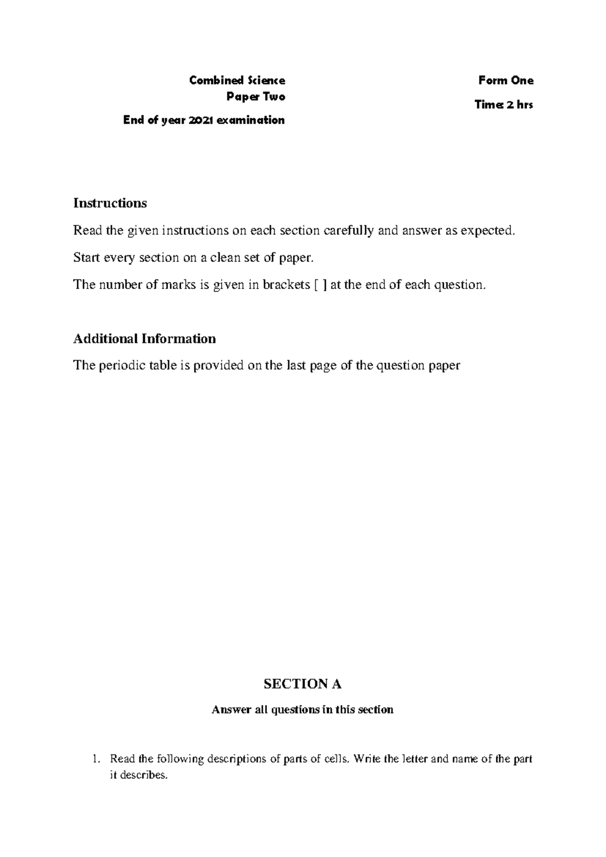 Combined Science Paper 2 Form One End of Year Exam 2021 - Studocu