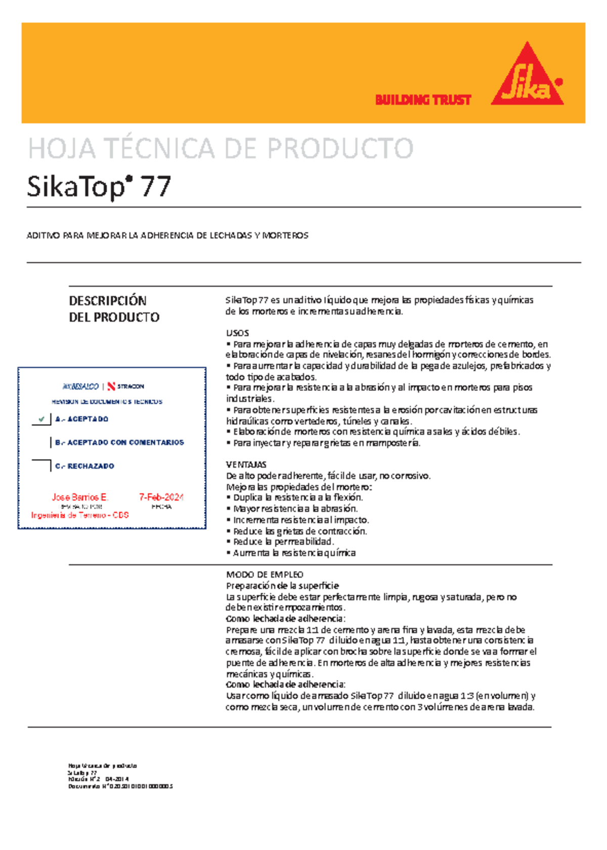 Hoja Técnica SikaTop 77: Aditivo para Morteros y Lechadas - Studocu