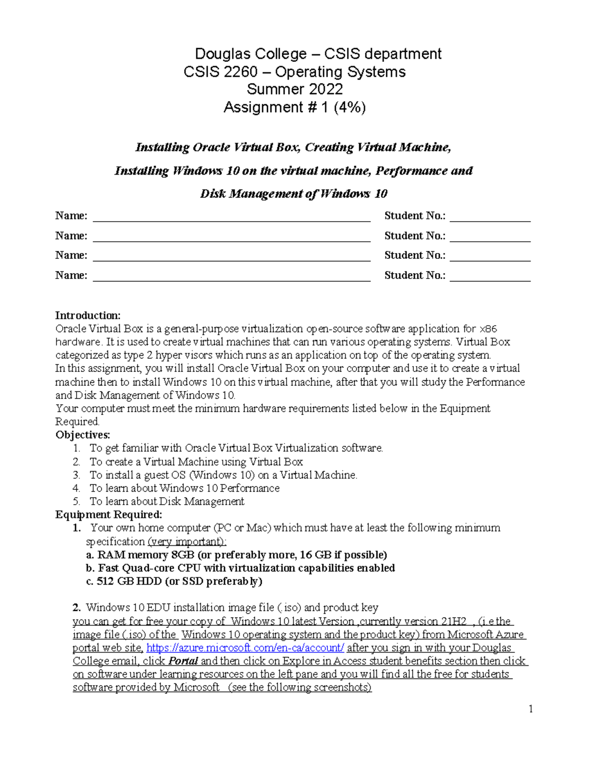 CSIS 2260 Assignment #1: Oracle Virtual Box & Windows 10 Setup S22 ...