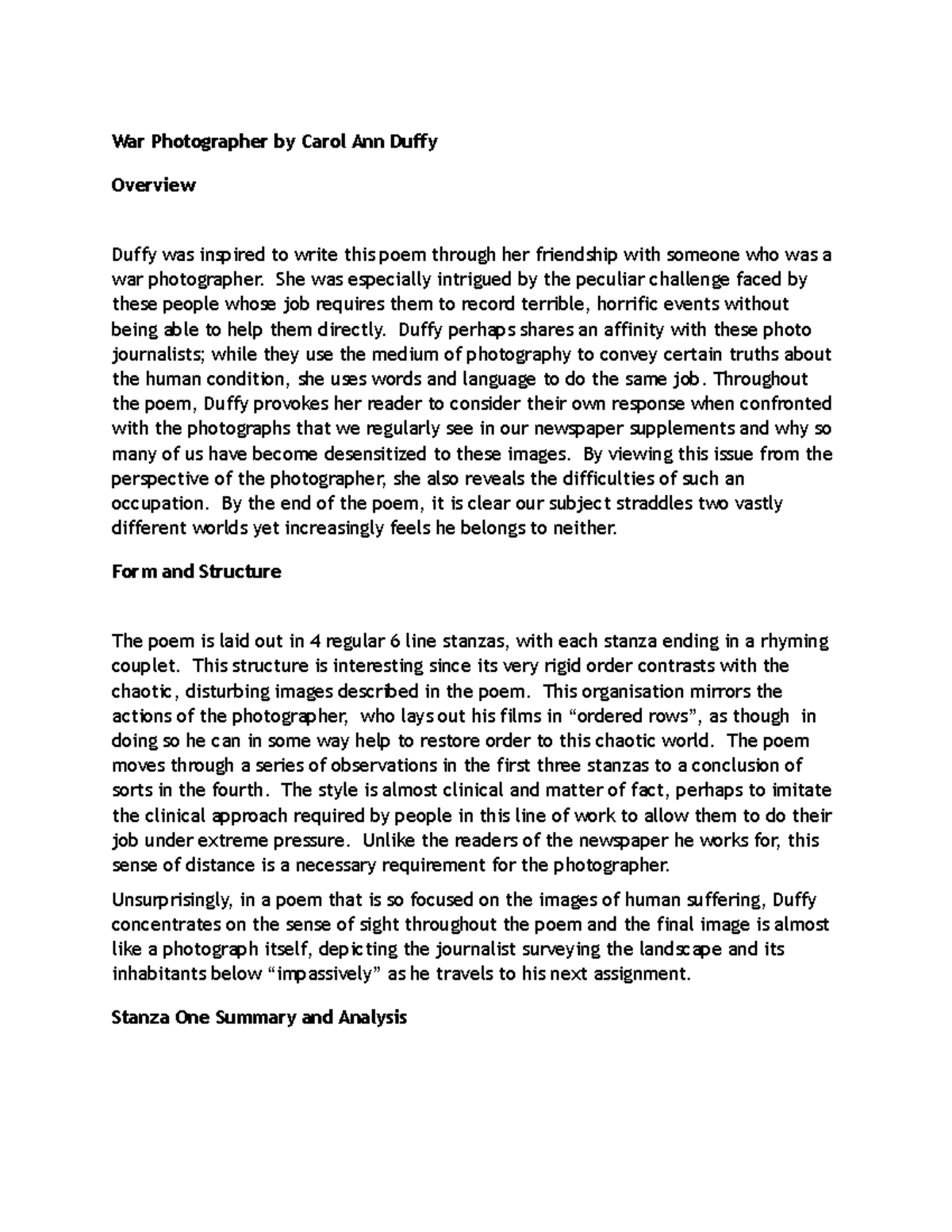 [137056 ]War Photographer analysis - War Photographer by Carol Ann ...