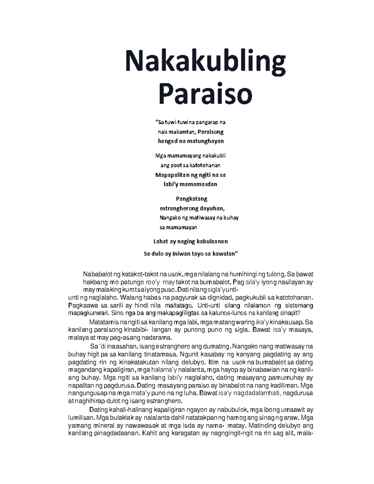 Sanaysay sa Kalikasan: Paglaban sa Nakakubling Paraiso - Studocu