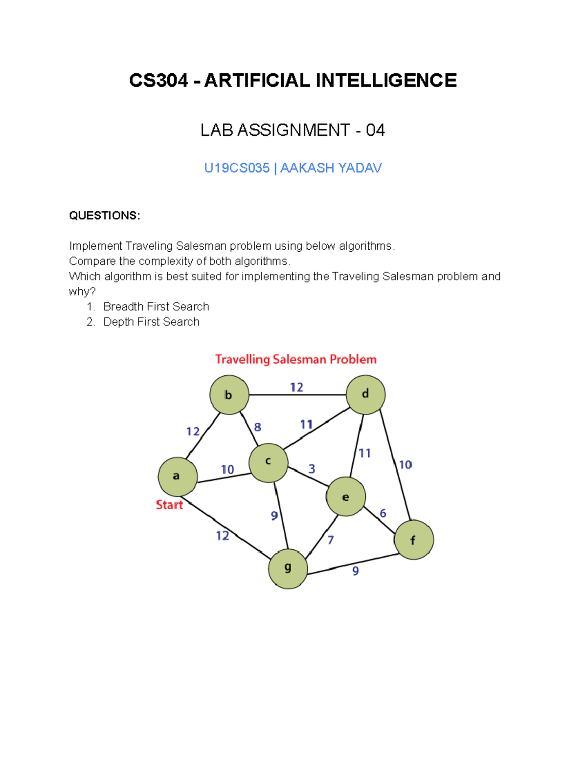 CS304 - AI Lab Assignment 4: TSP Implementation Using BFS & DFS - Studocu