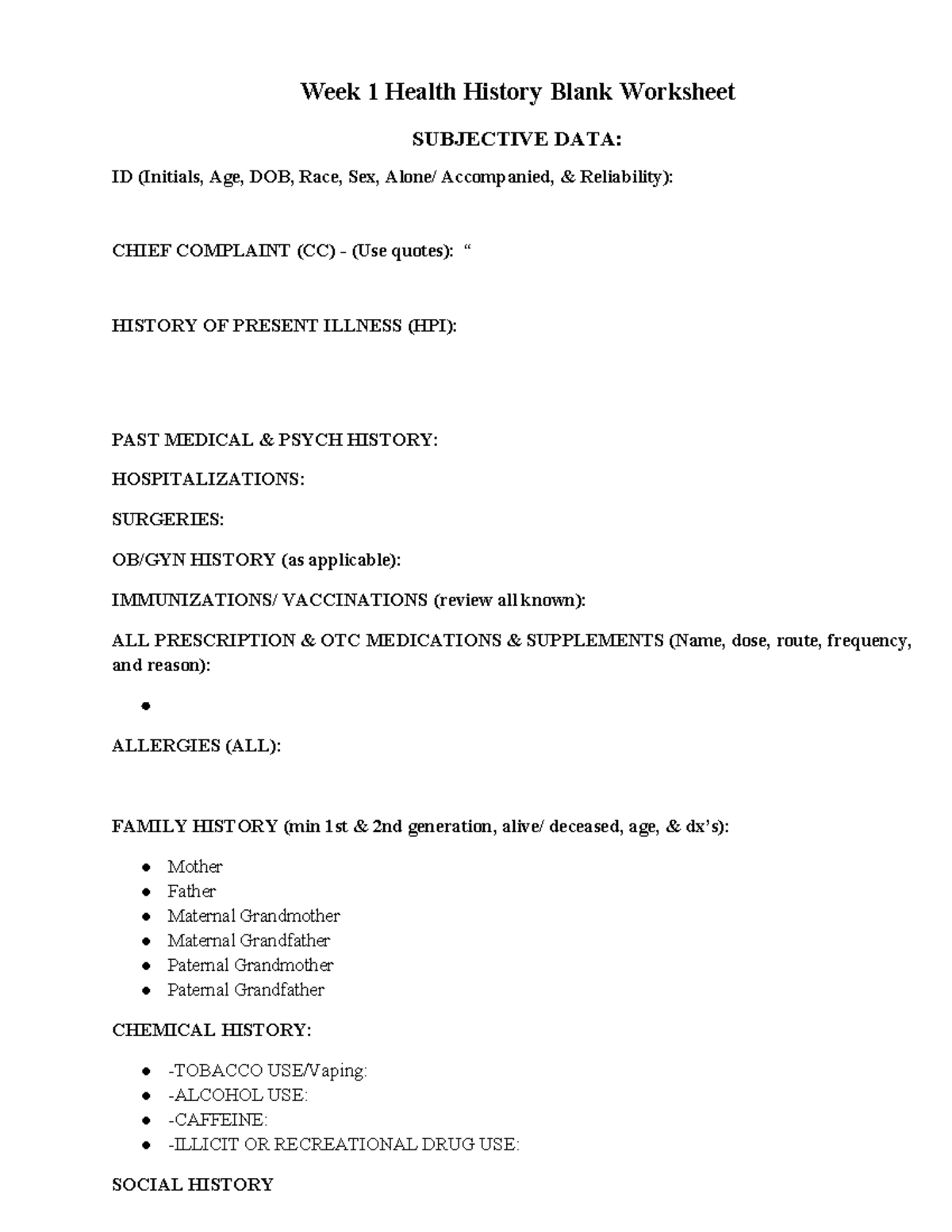 Week 1 Health History Blank Worksheet for Patient Assessment - Studocu