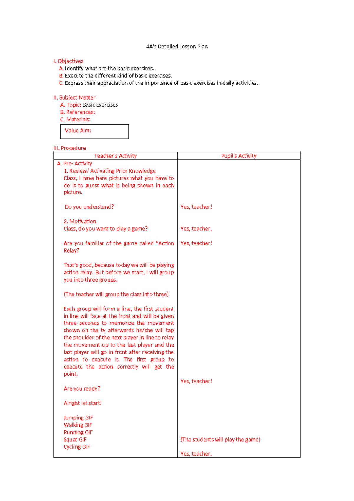 4AS Detailed Lesson Plan on Basic Exercises Activities - Studocu