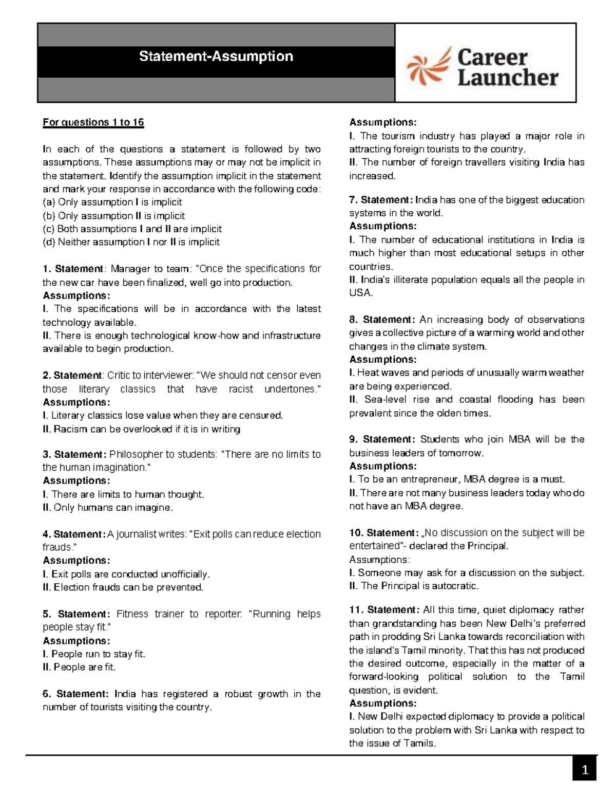 Statement-Assumption Analysis and Responses (Questions 1-21) - Studocu