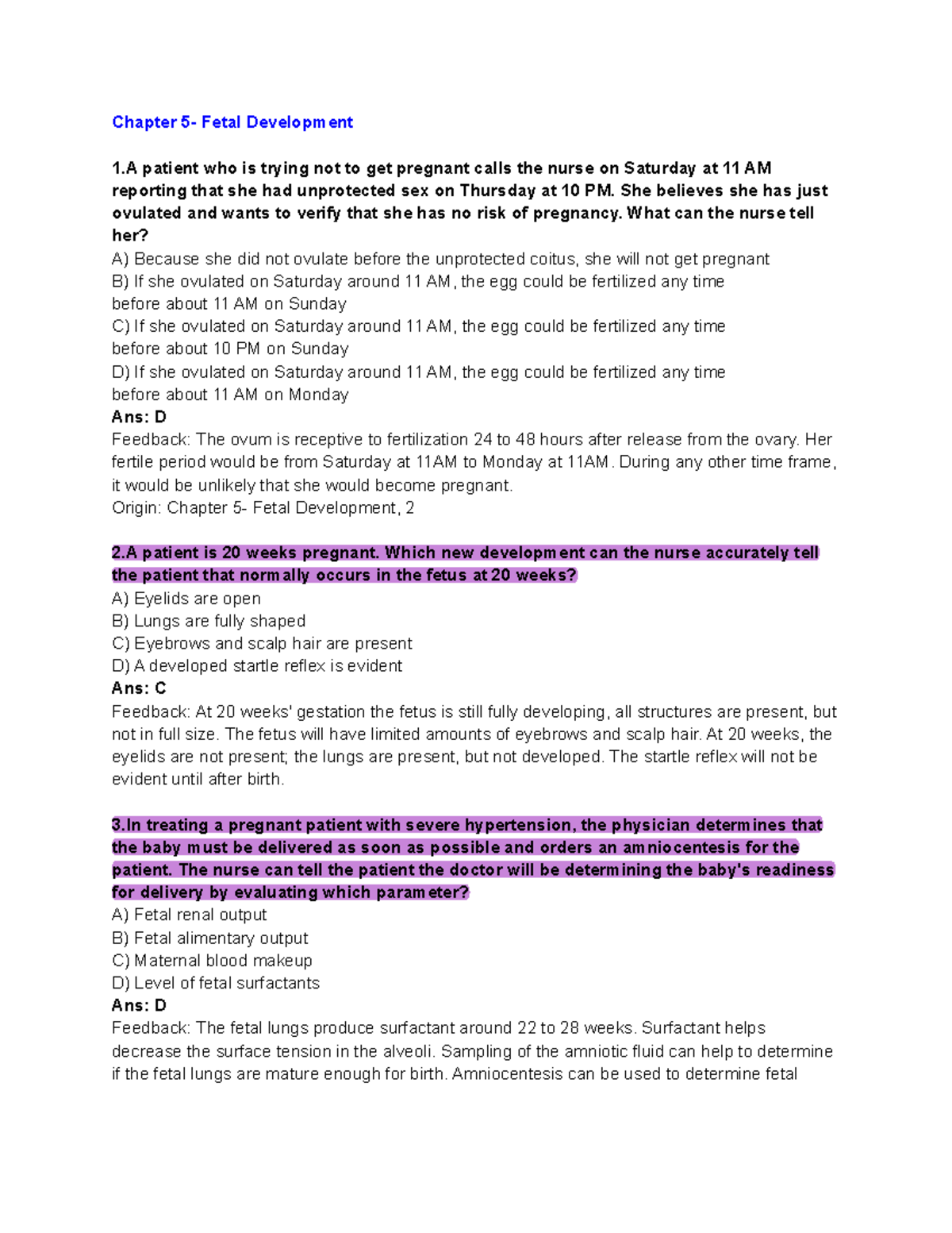 Maternity CH 5-12, 16, 17: Fetal Development Insights and Nursing Care ...