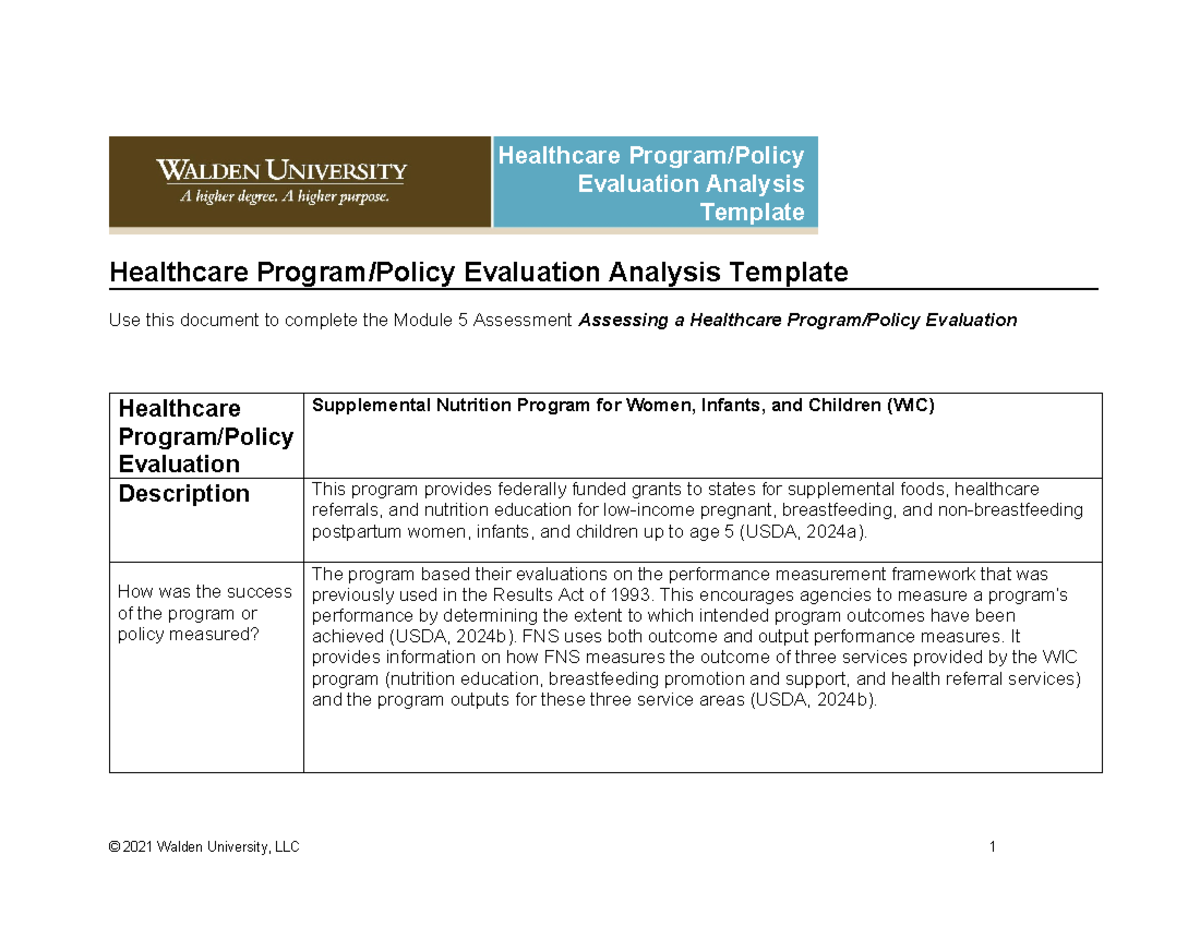 NURS 305 - Week 10 Healthcare Program Analysis: WIC Evaluation Report ...