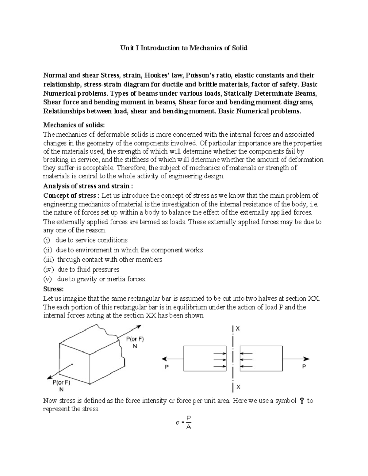 Unit I Mechanics of Solids: Stress, Strain, and Elastic Properties - Studocu