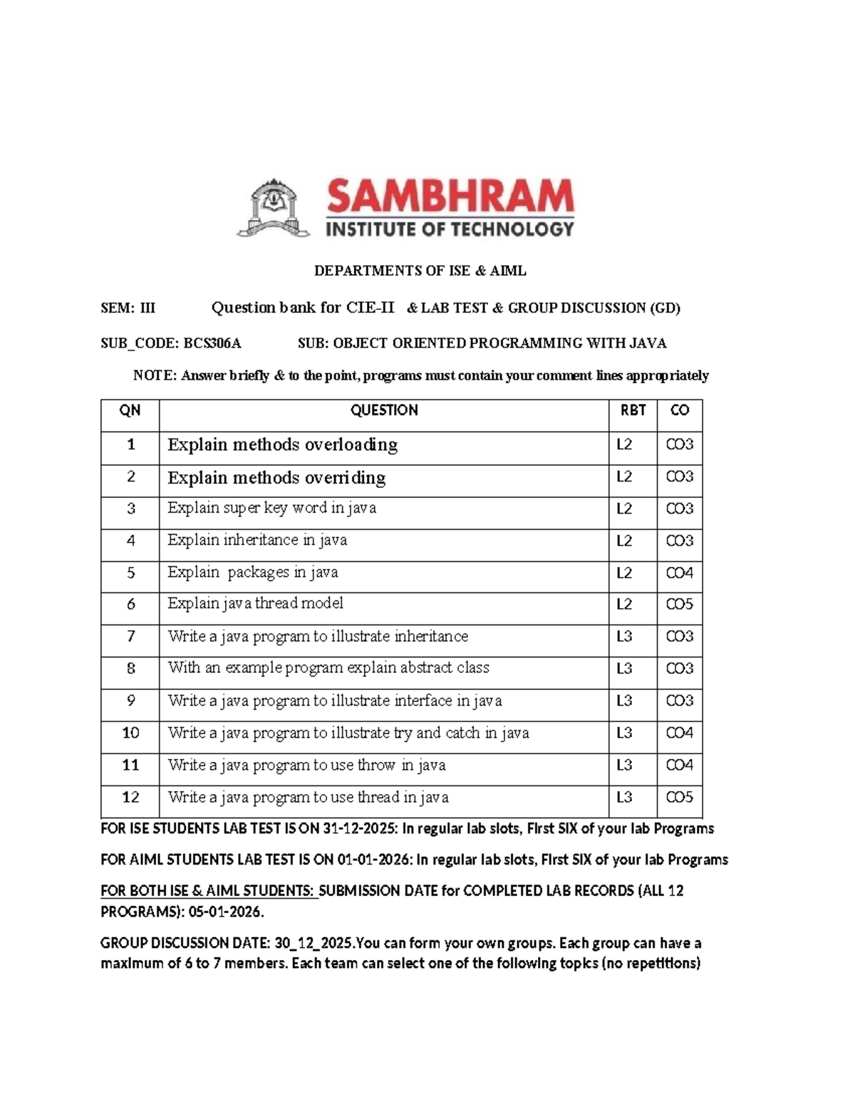 BCS306A: Question Bank for OOP with Java Lab Test GD - Studocu