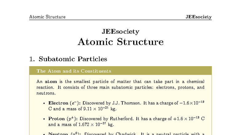 Atomic Structure Notes for JEEsociety: Subatomic Particles & Models ...