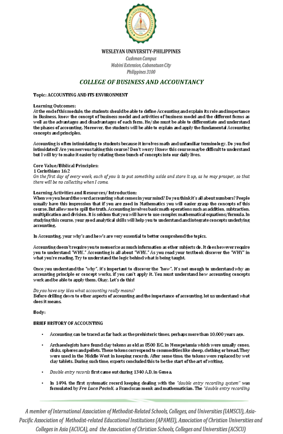 ACCT 101: Module 1 - Understanding Accounting and Its Environment - Studocu