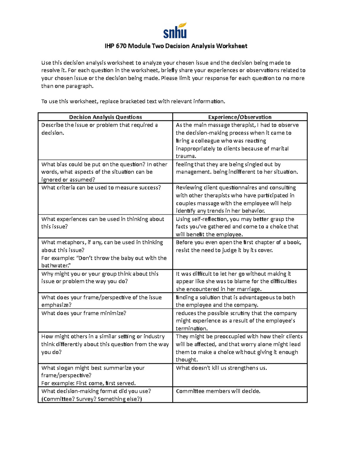 IHP 670 Module Two Decision Analysis Worksheet Guide - Studocu