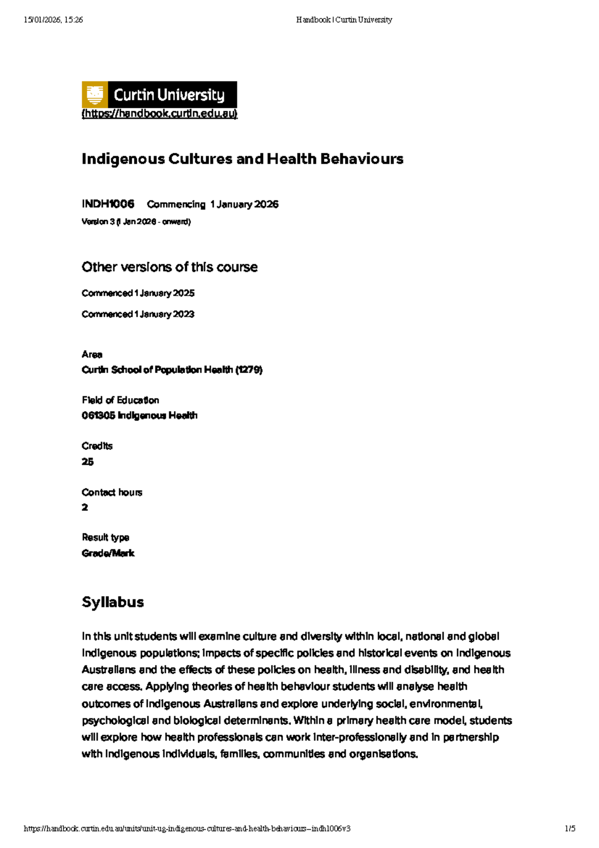 INDH1006 Indigenous Cultures & Health Behaviours Handbook (2026) - Studocu