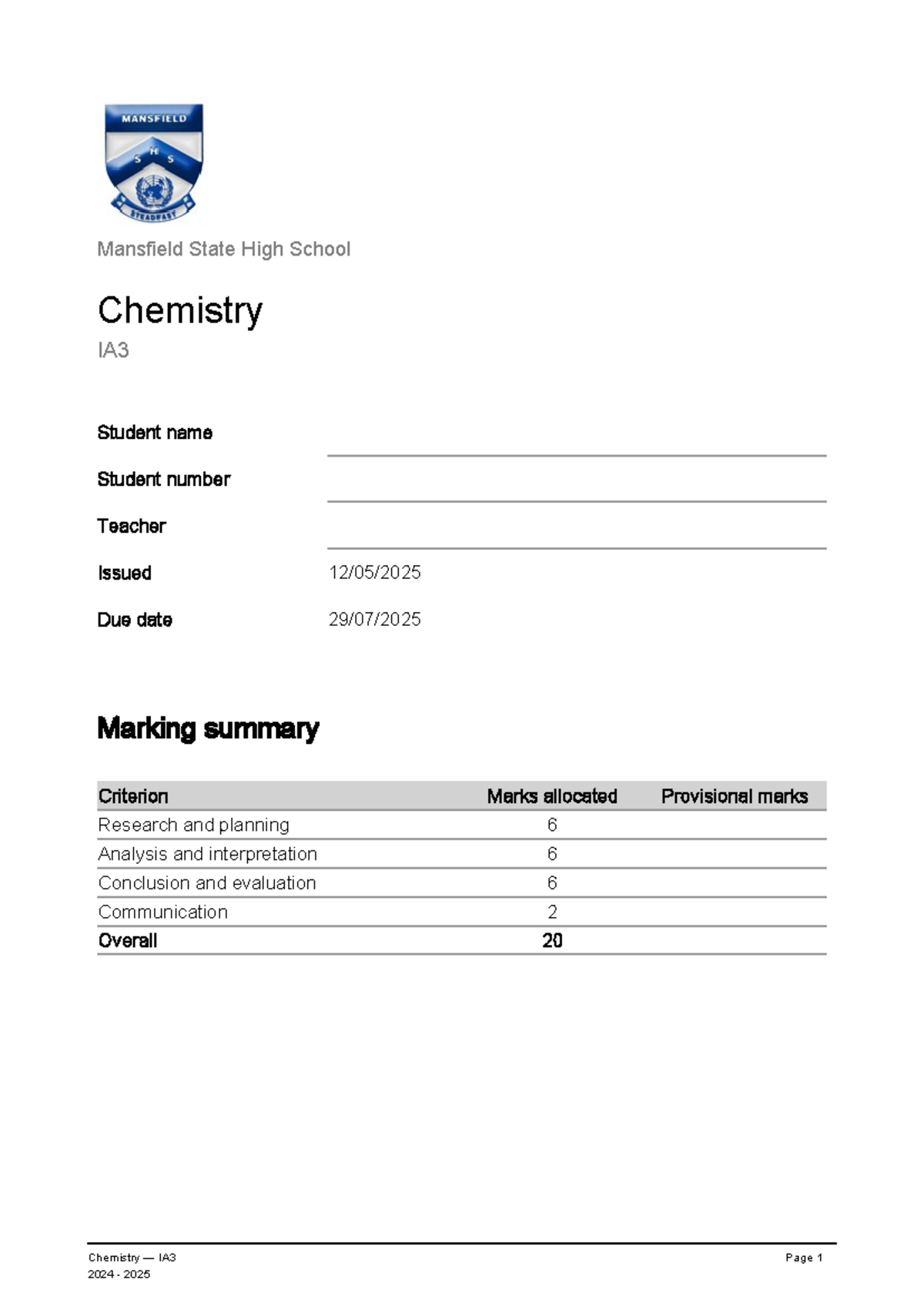 Chemistry IA3 2024-2025: Research Investigation Task Sheet - Studocu