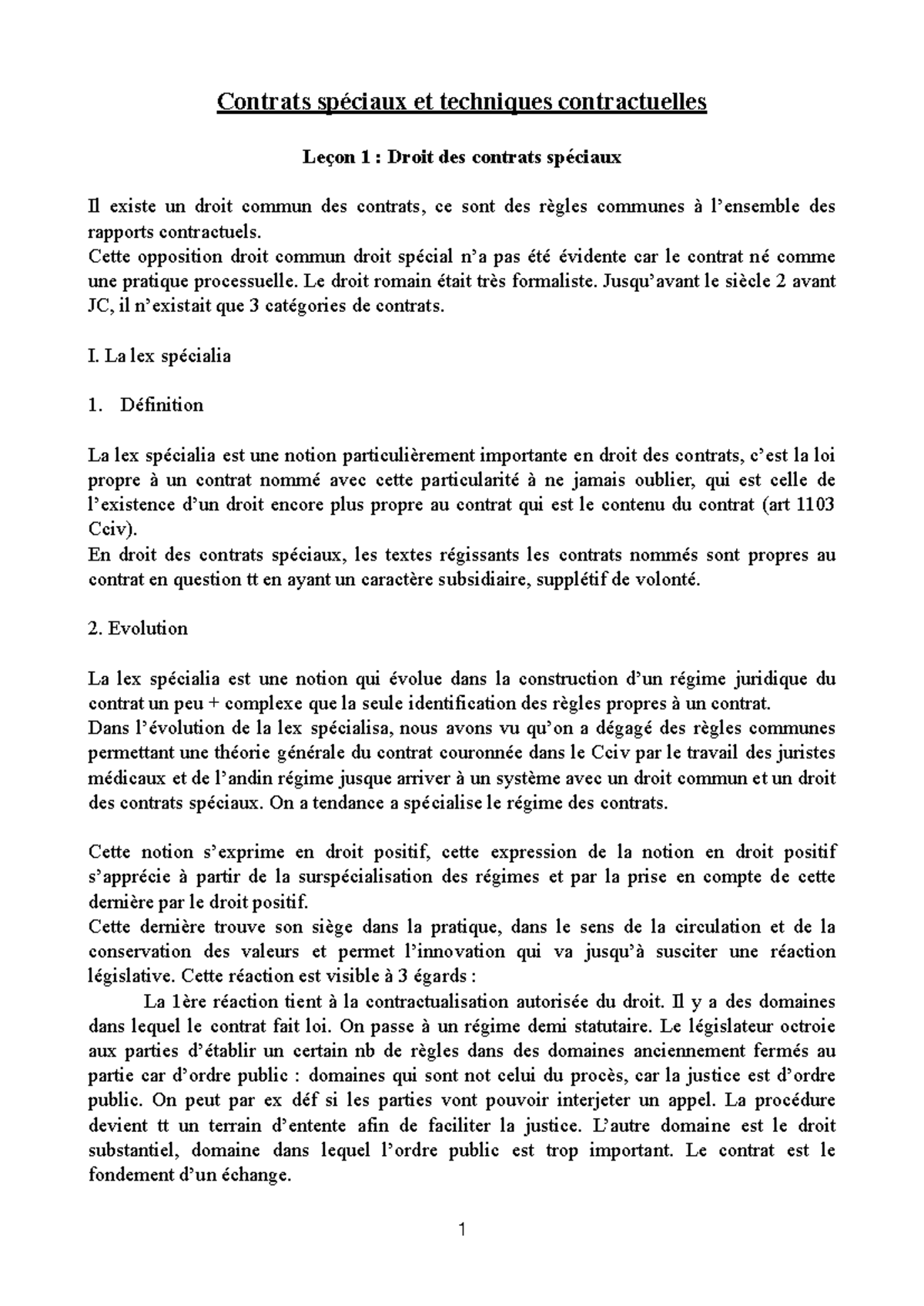 Contrats spéciaux et techniques contractuelles - Leçon 1 : Droit des ...