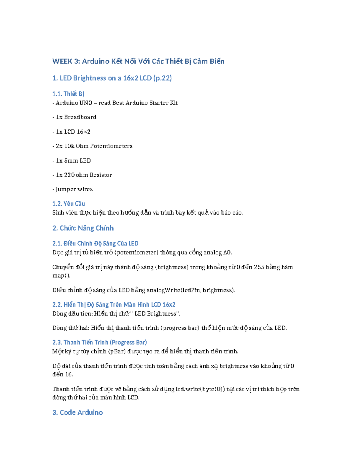 WEEK 3: Arduino Kết Nối Cảm Biến & Điều Chỉnh Độ Sáng LED - Studocu