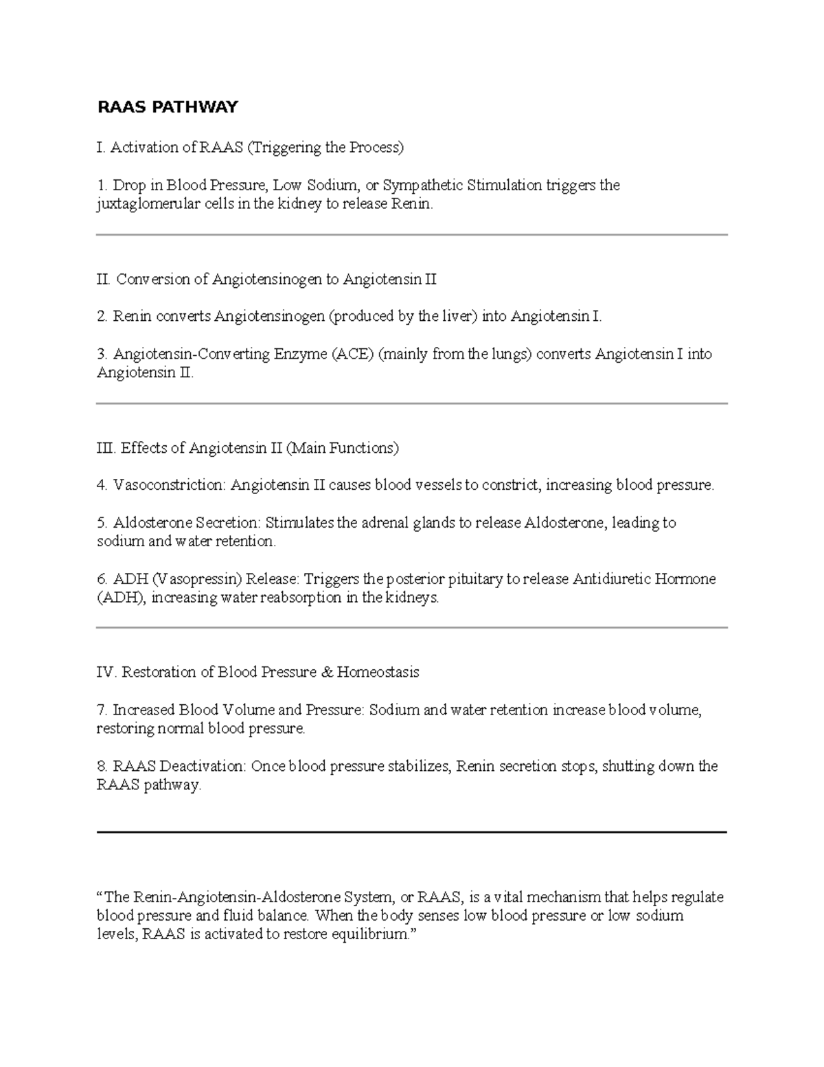 RAAS Pathway: Activation, Functions, and Homeostasis Mechanism - Studocu