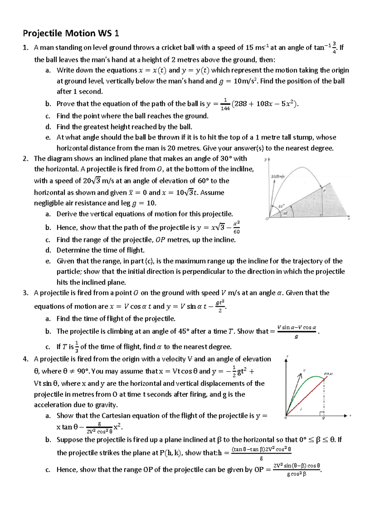 Projectile Motion WS 1 - Advanced Problems EXT1 MATH - Studocu