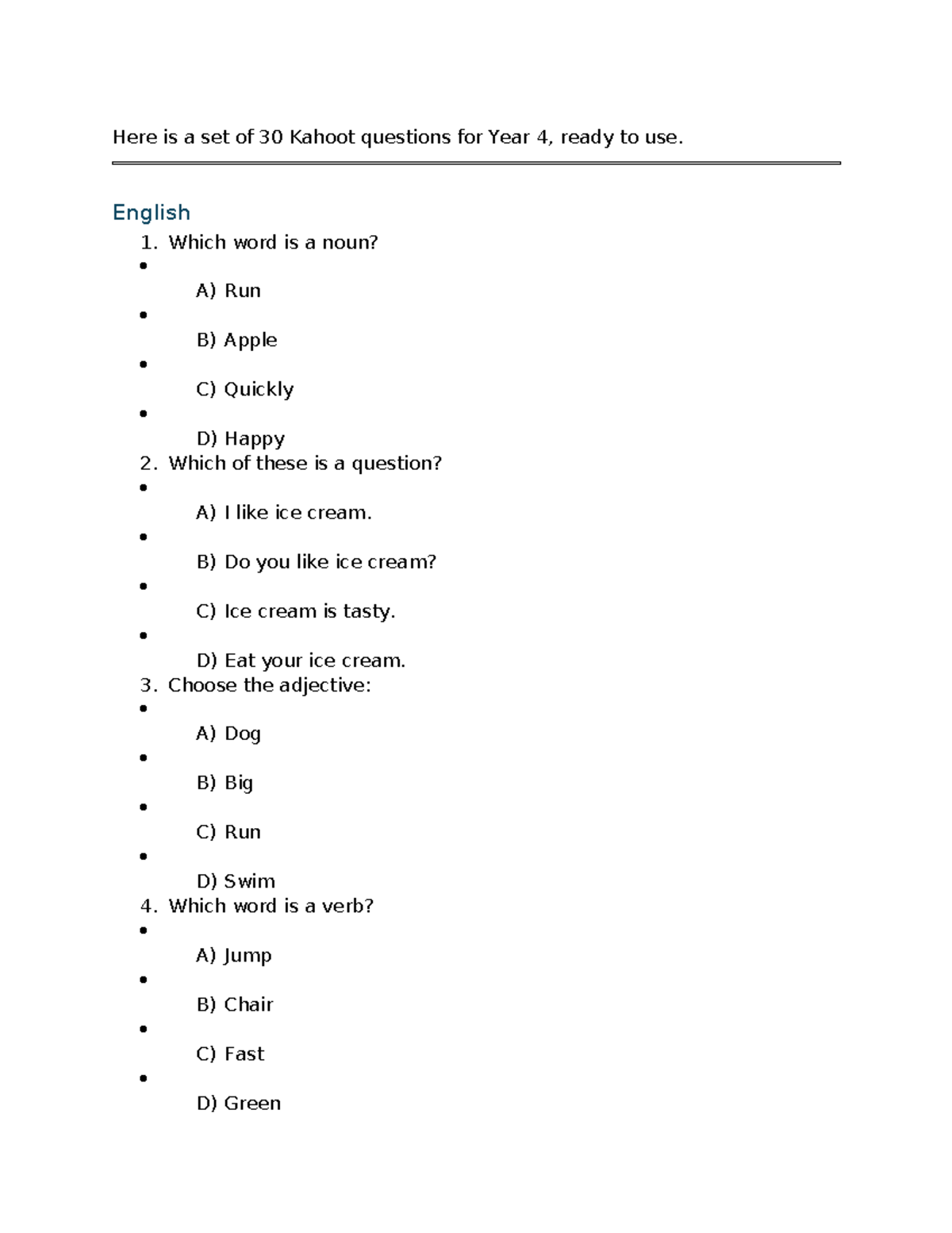 Year 4 Kahoot Quiz Questions for English, Math, Geography, and History ...