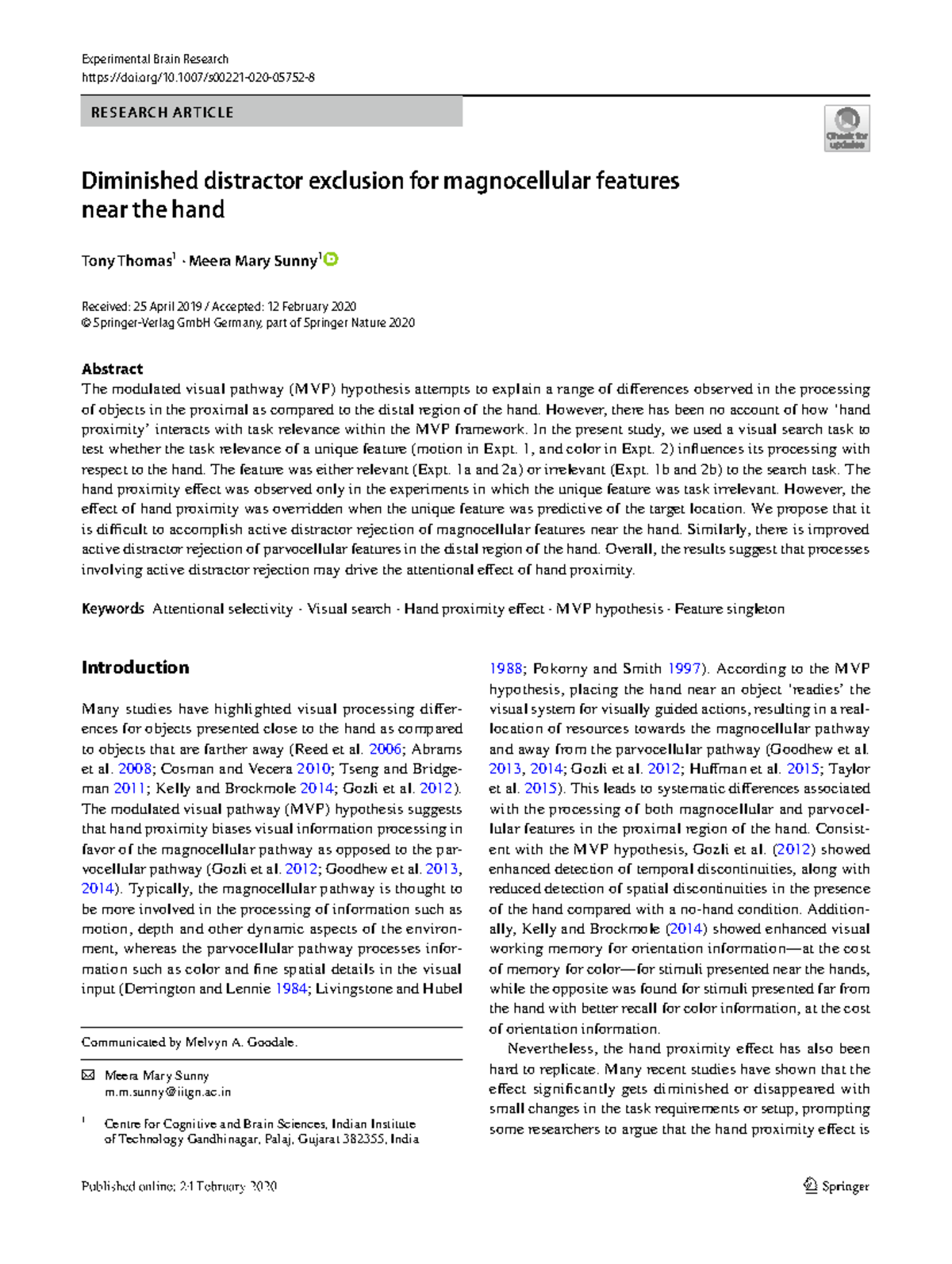 Diminished Distractor Exclusion in Visual Search Near the Hand ...