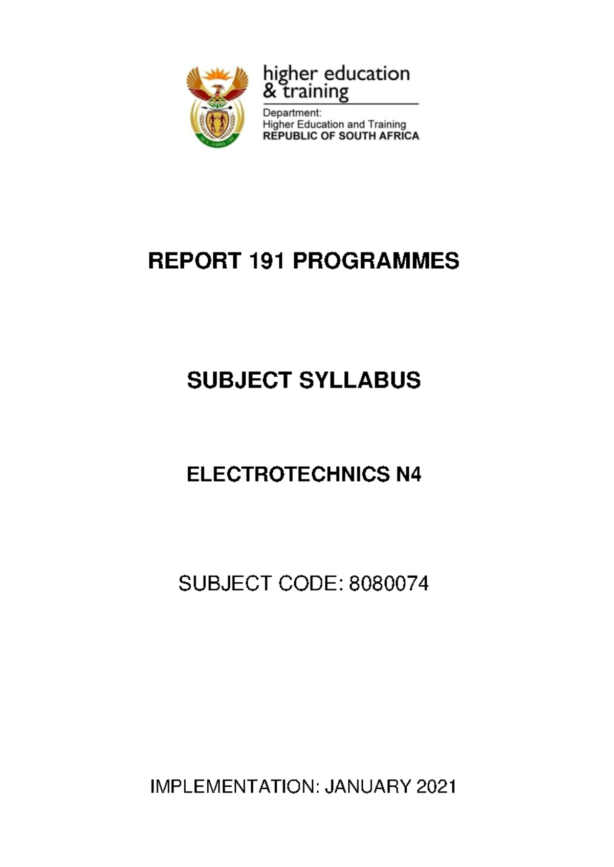 N4 Electrotechnics Report 191: Syllabus and Evaluation Overview - Studocu