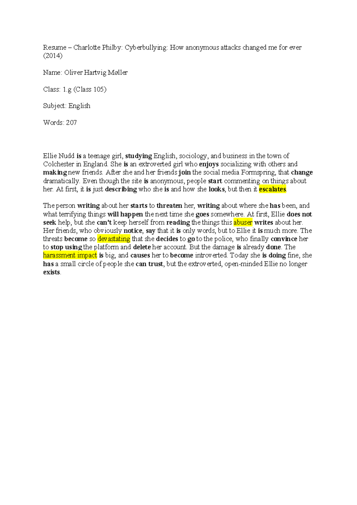 Resume of Cyberbullying: Impact on Ellie Nudd (1.g, English) - Studocu